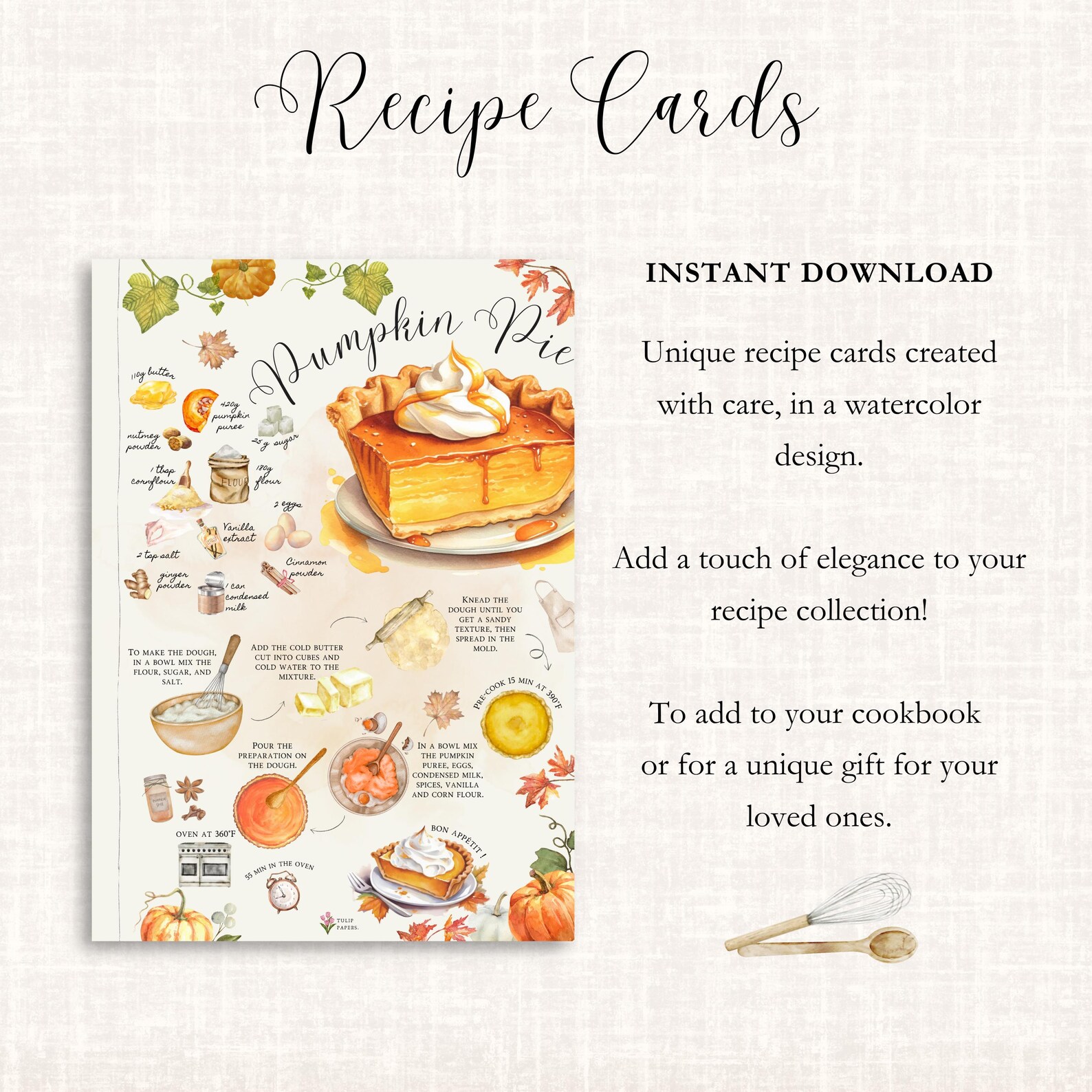 Recipe Cards - 6 Cards to Download - Watercolor Design - Etsy