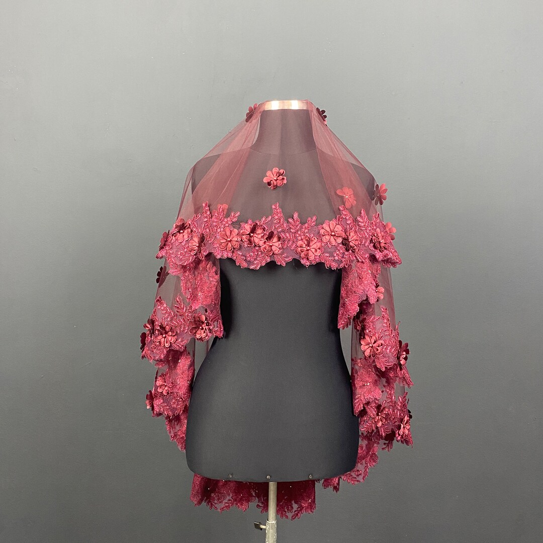 Red & Floral Embroidered Bridal Veil, Lace Red Cathedral Veil, Red ...