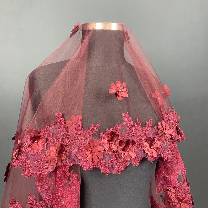 Red & Floral Embroidered Bridal Veil, Lace Red Cathedral Veil, Red ...