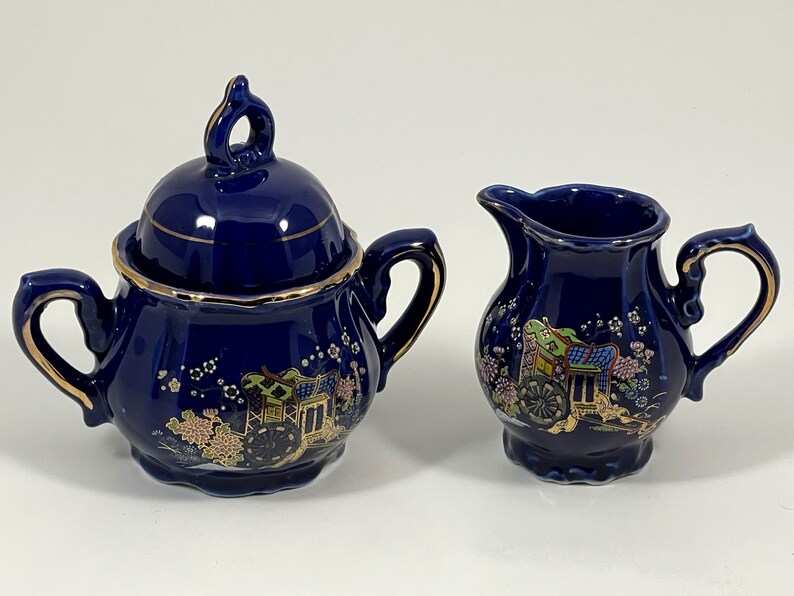 Japanese Tea Set in Cobalt Blue With Flowers and Gold Trim - Etsy