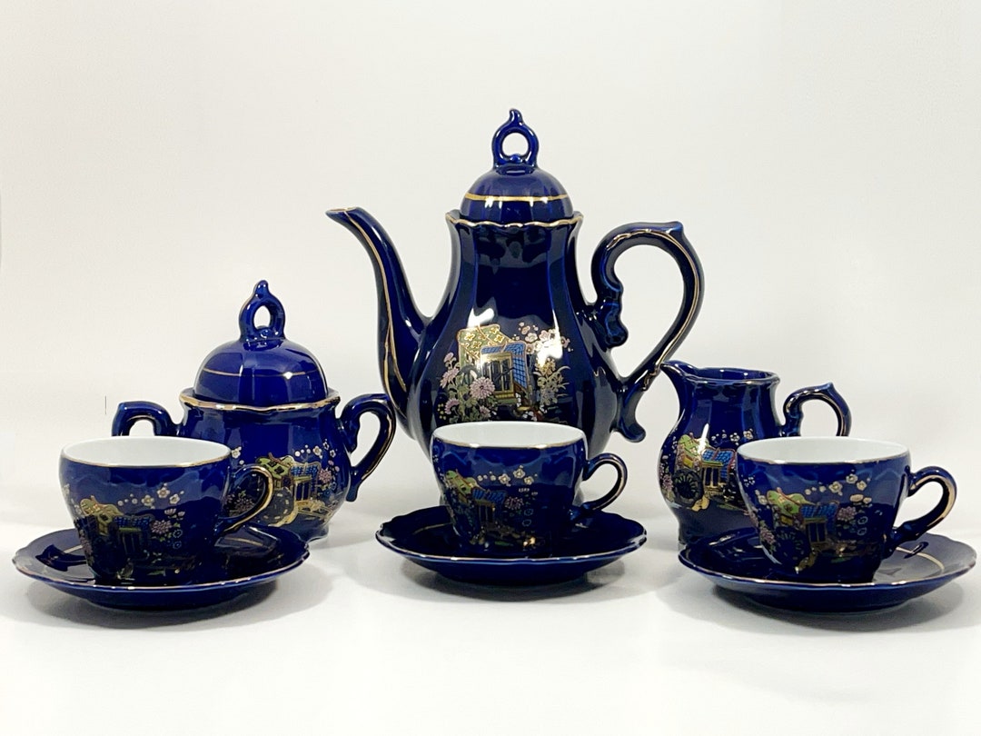 Japanese Tea Set in Cobalt Blue With Flowers and Gold Trim - Etsy