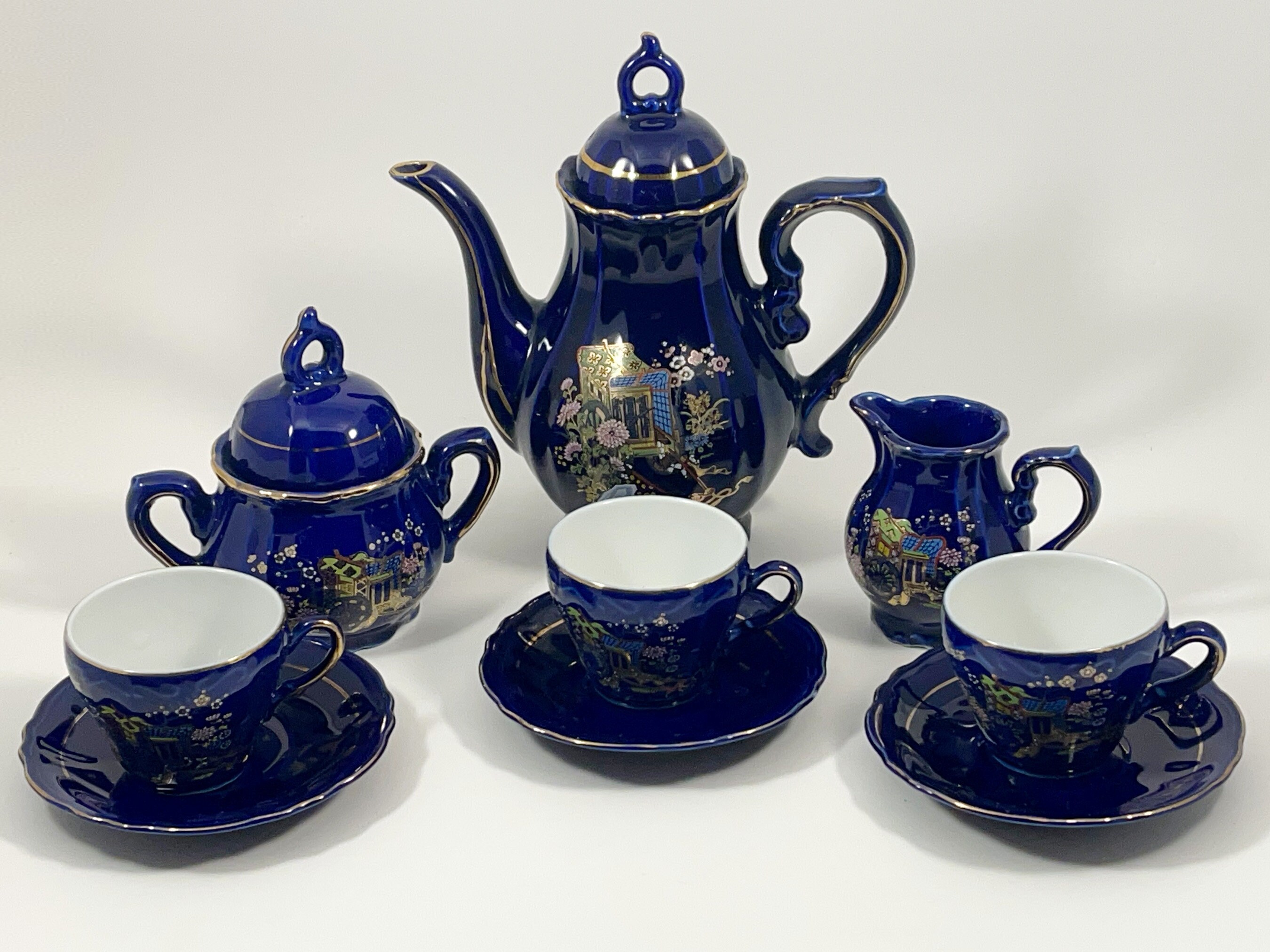 Japanese Tea Set in Cobalt Blue With Flowers and Gold Trim - Etsy