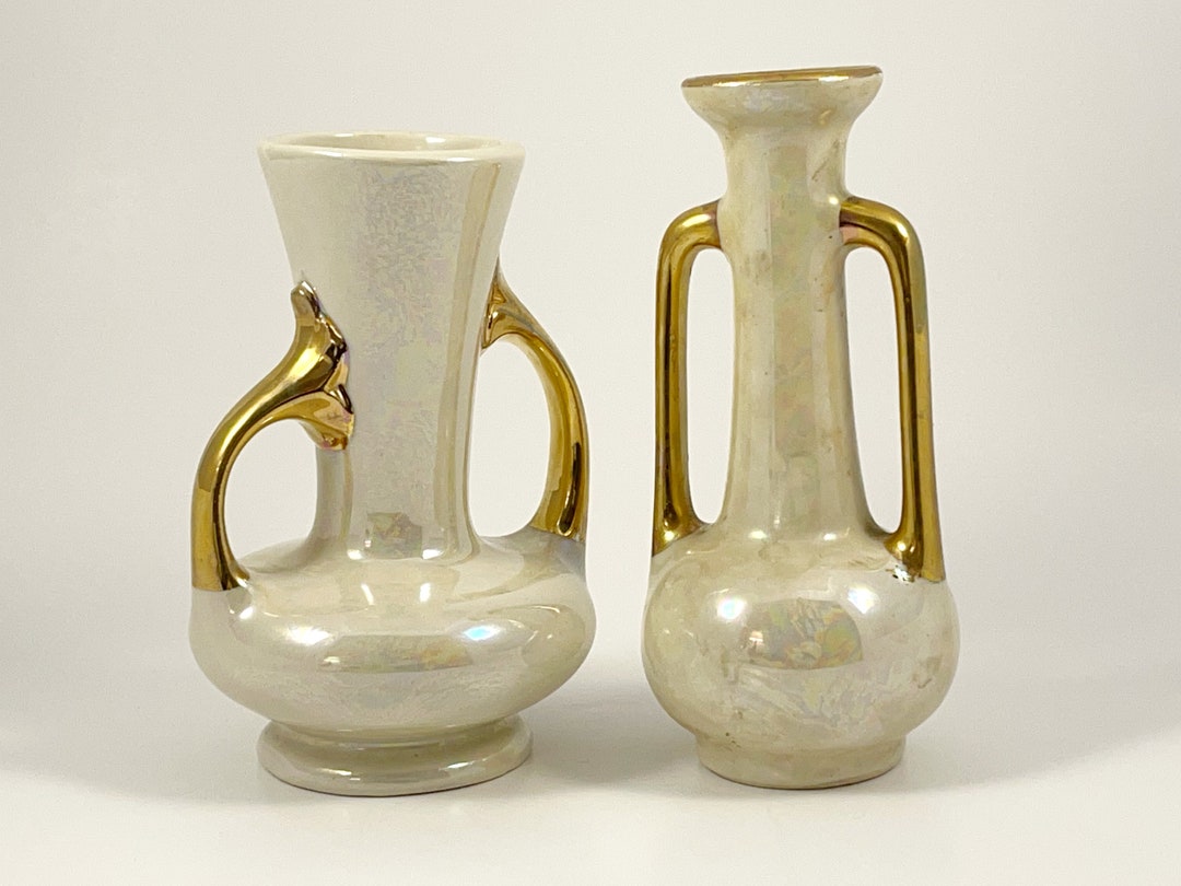Set of Two Ivory Lusterware Bud Vases With Gold Handles - Etsy