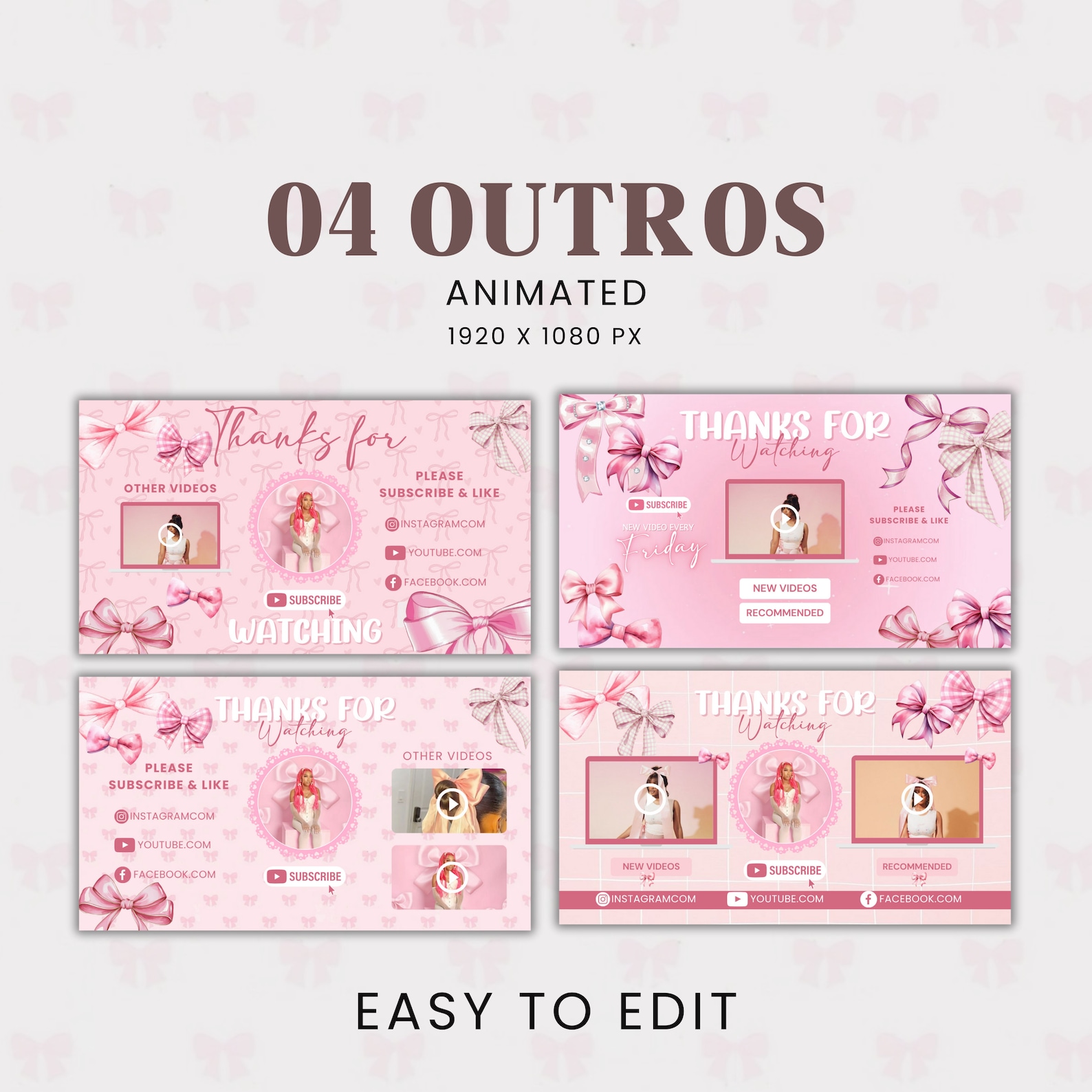 Bow Coquette Youtube Branding Kit, Editable Youtube Banners, Intros ...