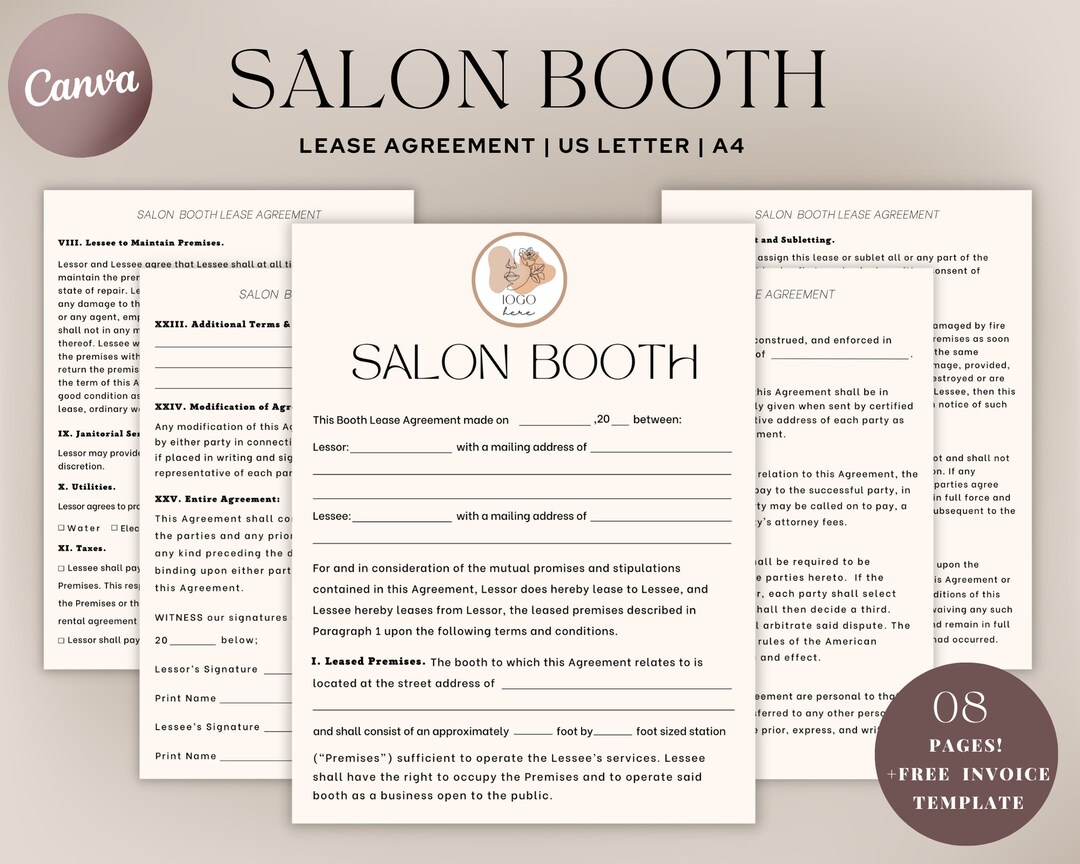 Professional Salon Booth Rental Contract, Canva Booth Rental Agreement ...
