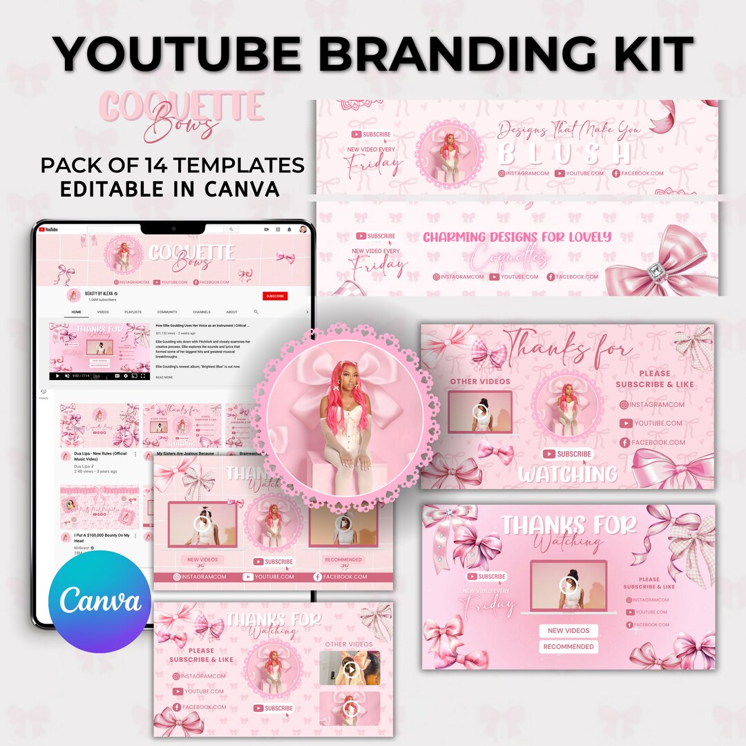 Bow Coquette Youtube Branding Kit, Editable Youtube Banners, Intros ...