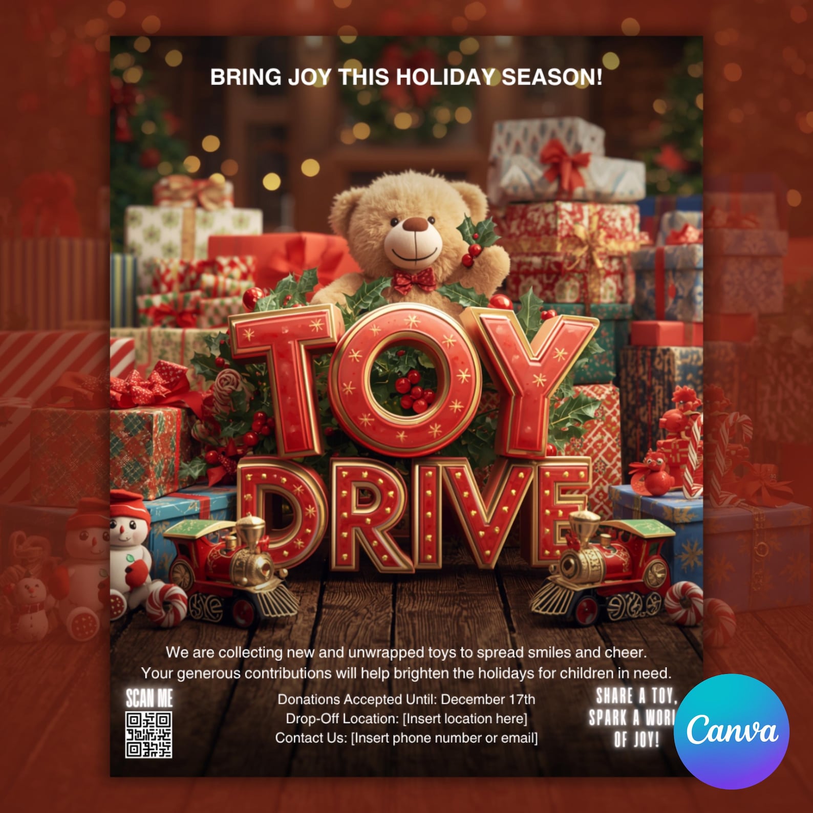 Christmas Toy Drive Flyer Canva Template, Christmas Party Flyer, Toy ...