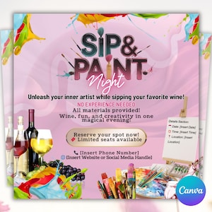 Sip and Paint Flyer, Paint Party Flyer, DIY Flyer Template Design, Premade Business Event Flyer ...