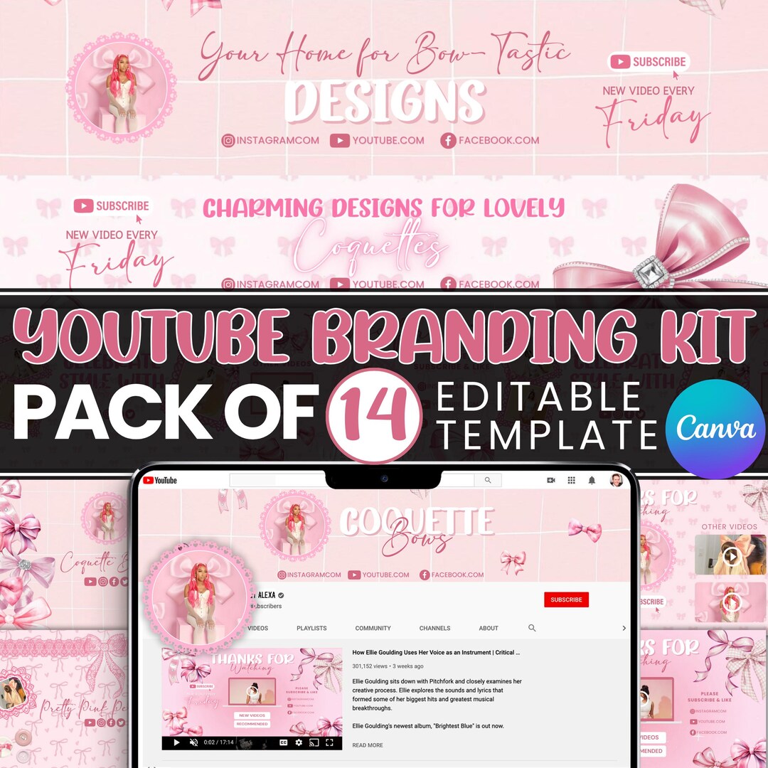 Bow Coquette Youtube Branding Kit, Editable Youtube Banners, Intros ...