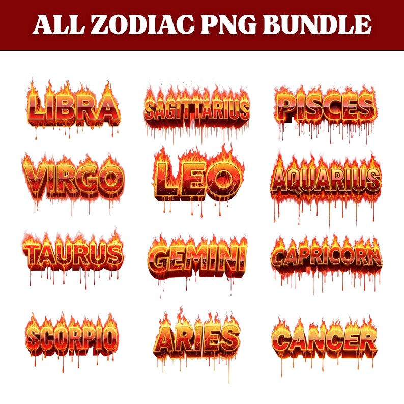 12 Zodiac PNG Bundle, Horoscope Designs for Sublimation, Printable ...