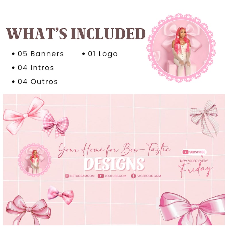 Bow Coquette Youtube Branding Kit, Editable Youtube Banners, Intros ...