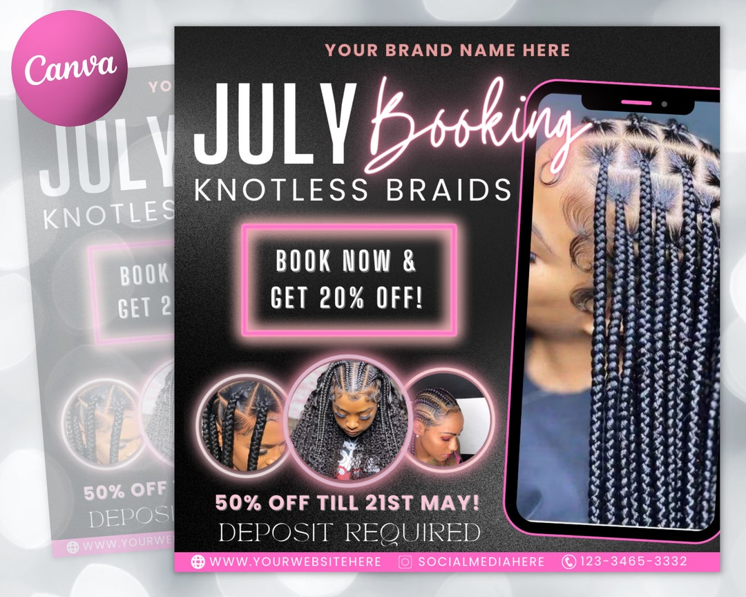 July Booking Flyer, Hair Braiding / Knotless Braids Flyer, DIY Summer ...