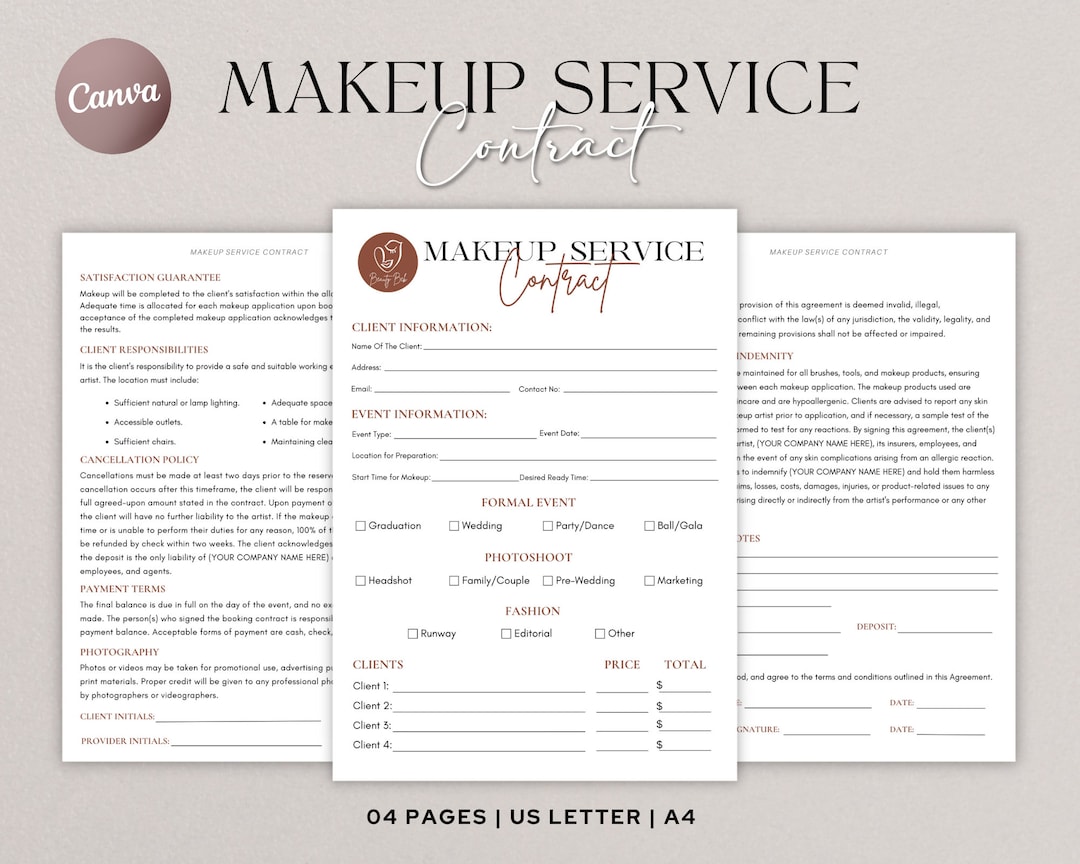 Makeup Service Contract Template, MUA Contract Template, Makeup Artist ...
