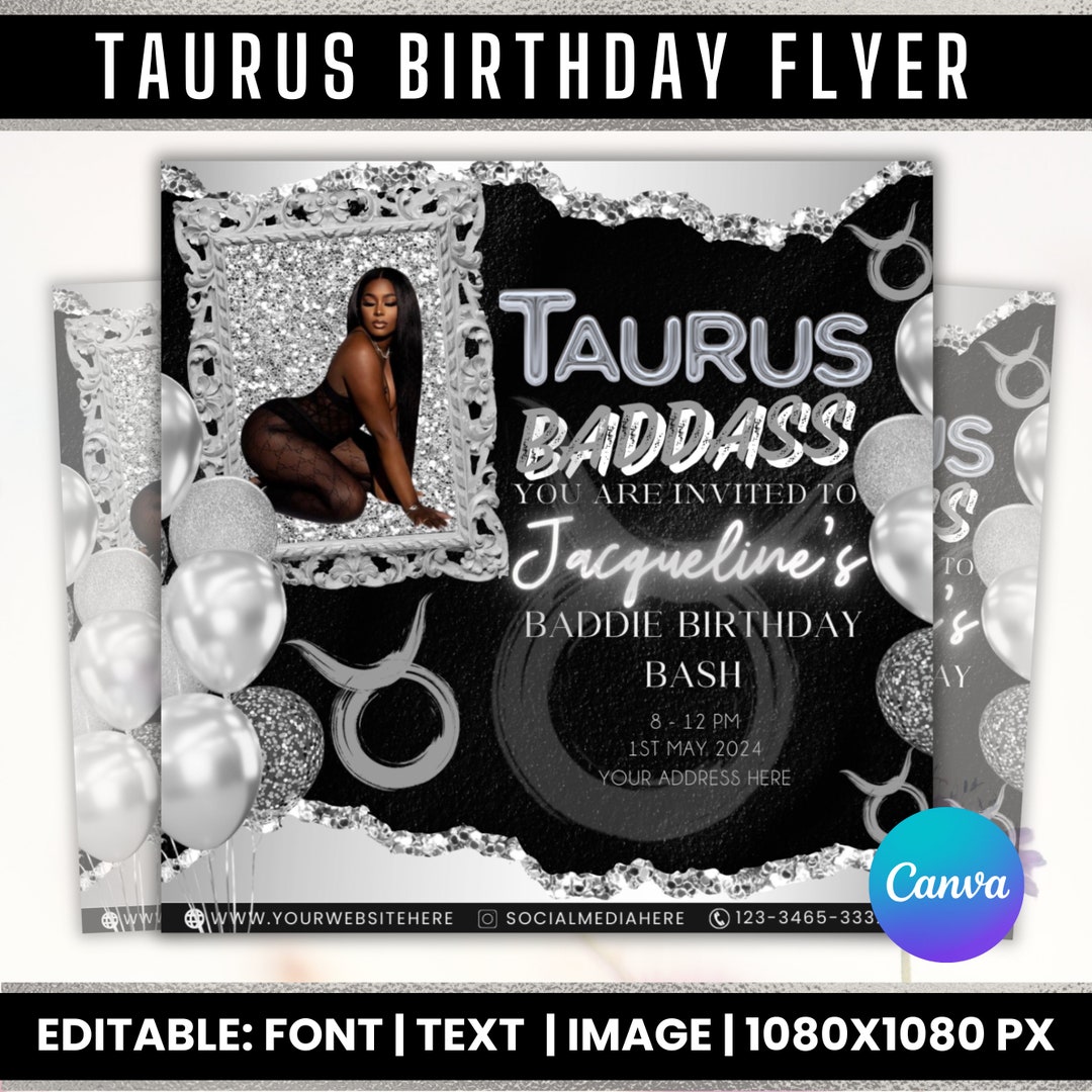 Taurus Birthday Flyer for Canva, Taurus Club Flyer, Birthday Invitation ...