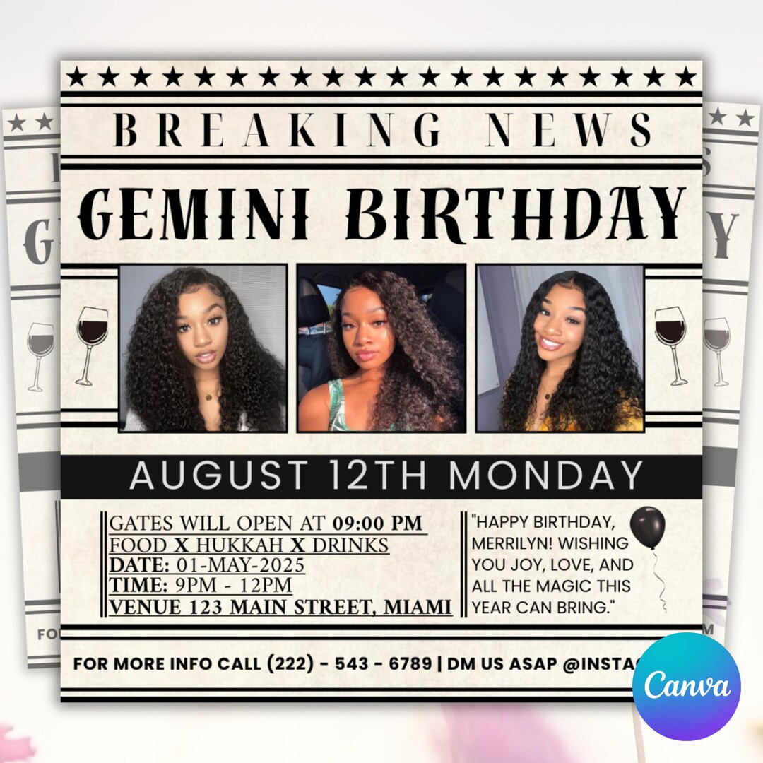 Gemini Birthday Flyer, Newspaper Birthday Template,birthday Girl,party ...