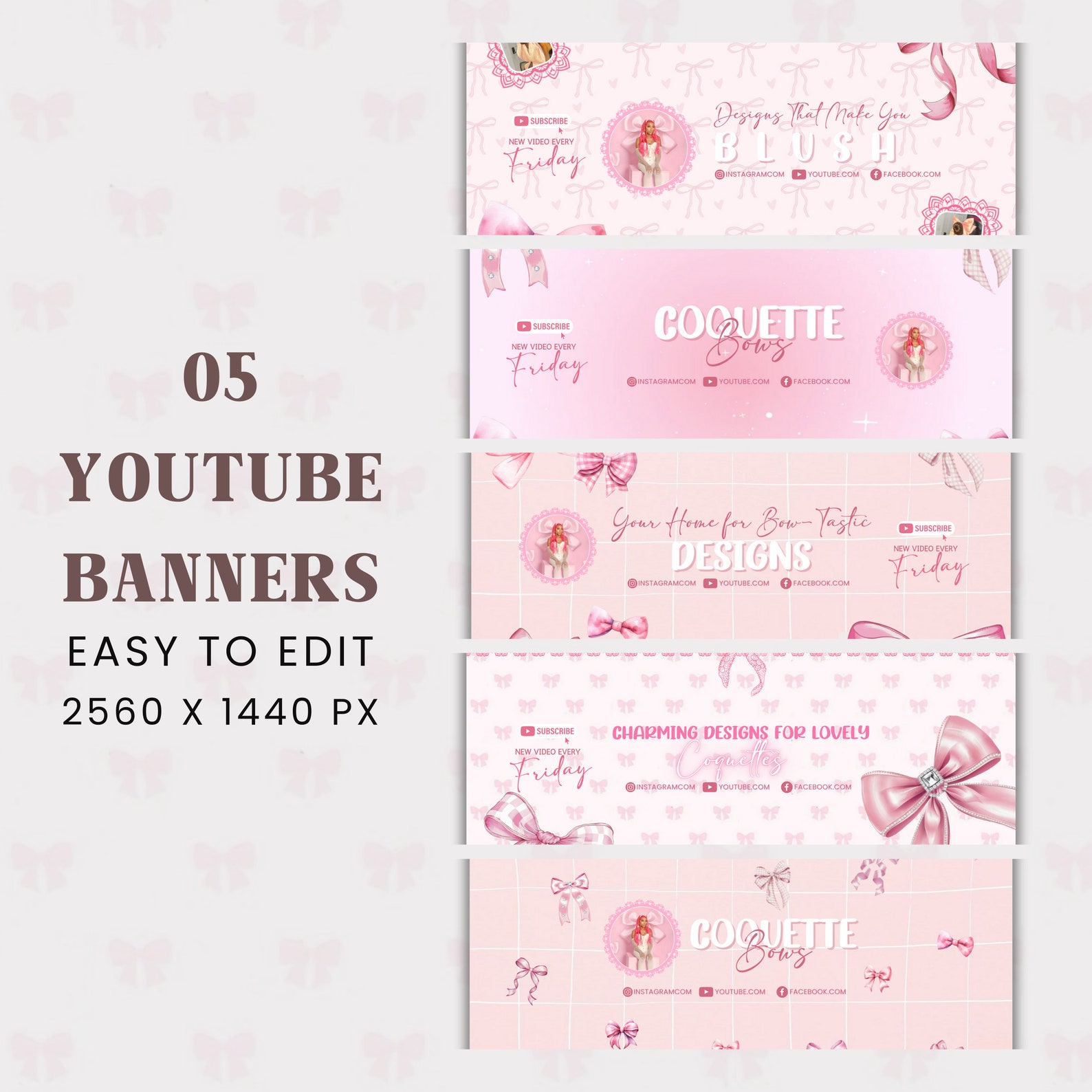 Bow Coquette Youtube Branding Kit, Editable Youtube Banners, Intros ...