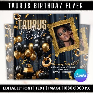 Taurus Birthday Flyer for Canva, Taurus Club Flyer, Birthday Invitation ...
