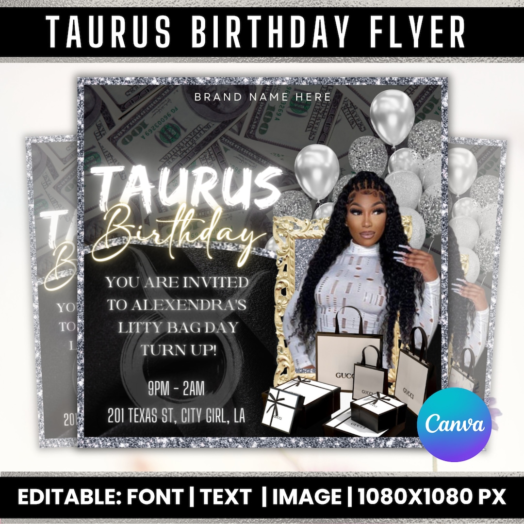 Taurus Birthday Flyer for Canva, Taurus Club Flyer, Birthday Invitation ...
