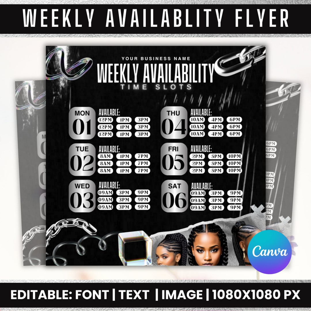 Weekly Availability Time Slots Flyer, Weekly Availability Calendar ...