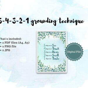 5-4-3-2-1 GROUNDING TECHNIQUE POSTER. Mental Health Tool for Overcoming Anxiety. Digital ...