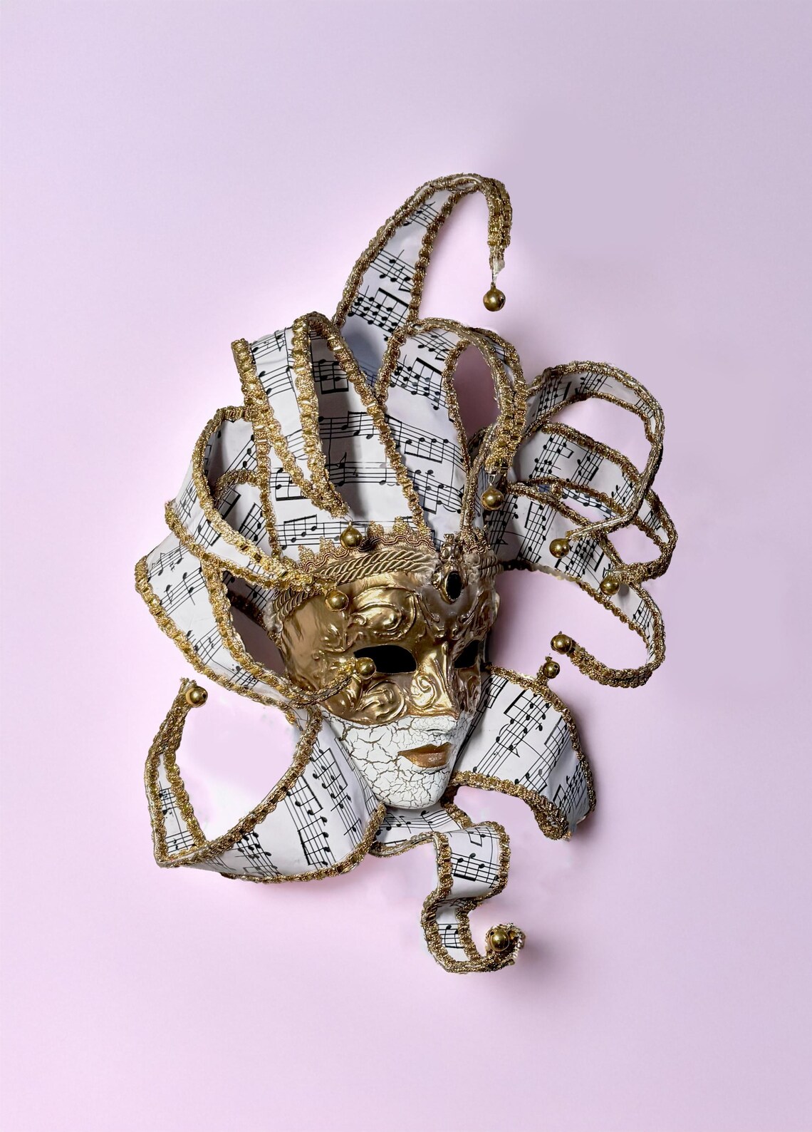Musical Jester Mask - Gold Full Face With Pink Music Motifs - Venetian ...