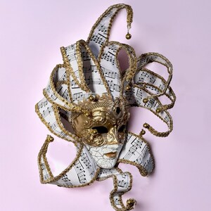 Musical Jester Mask - Gold Full Face With Pink Music Motifs - Venetian ...