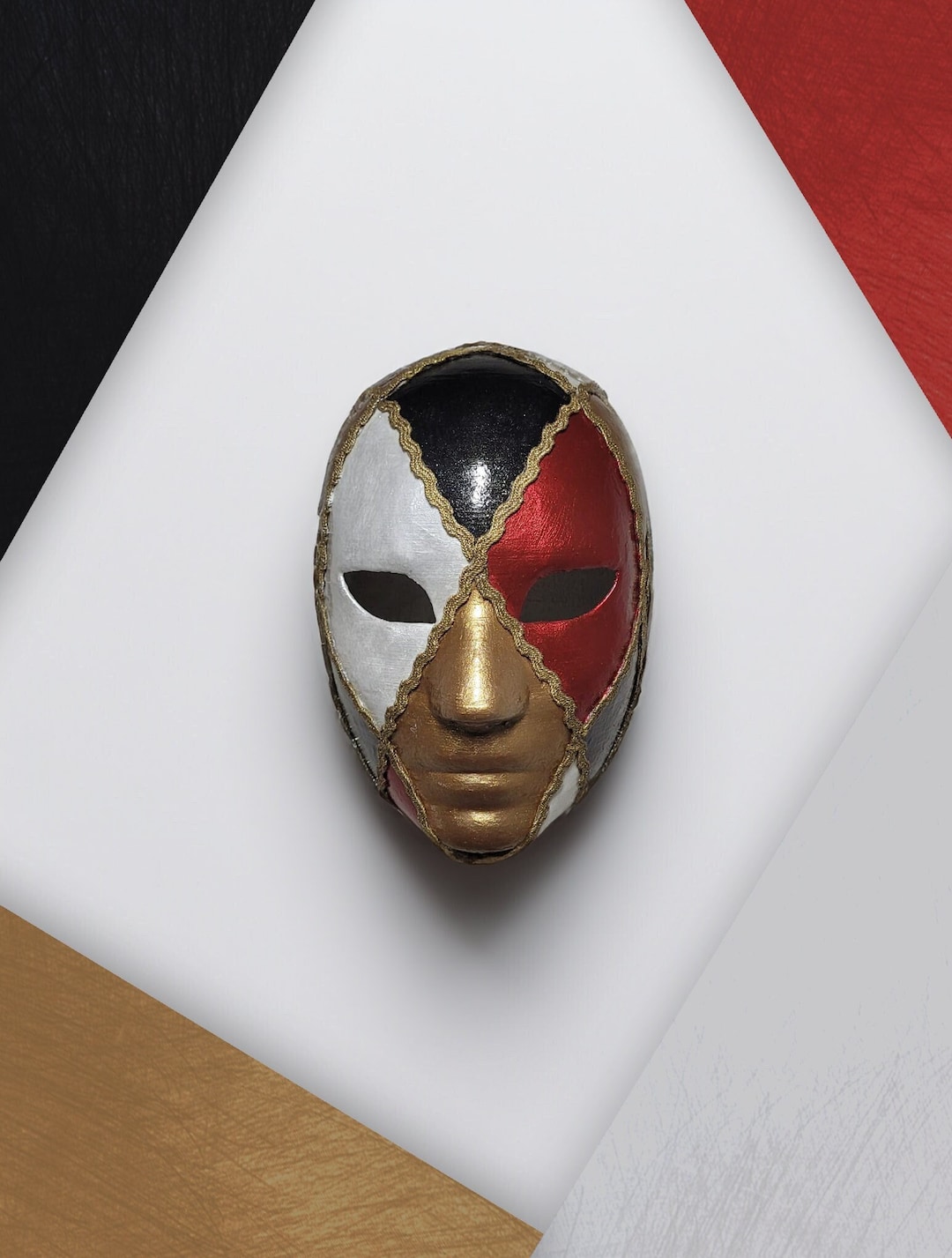 Harlequin Style Red, Gold, Black and White - Venetian Mask - Bauta Mask ...