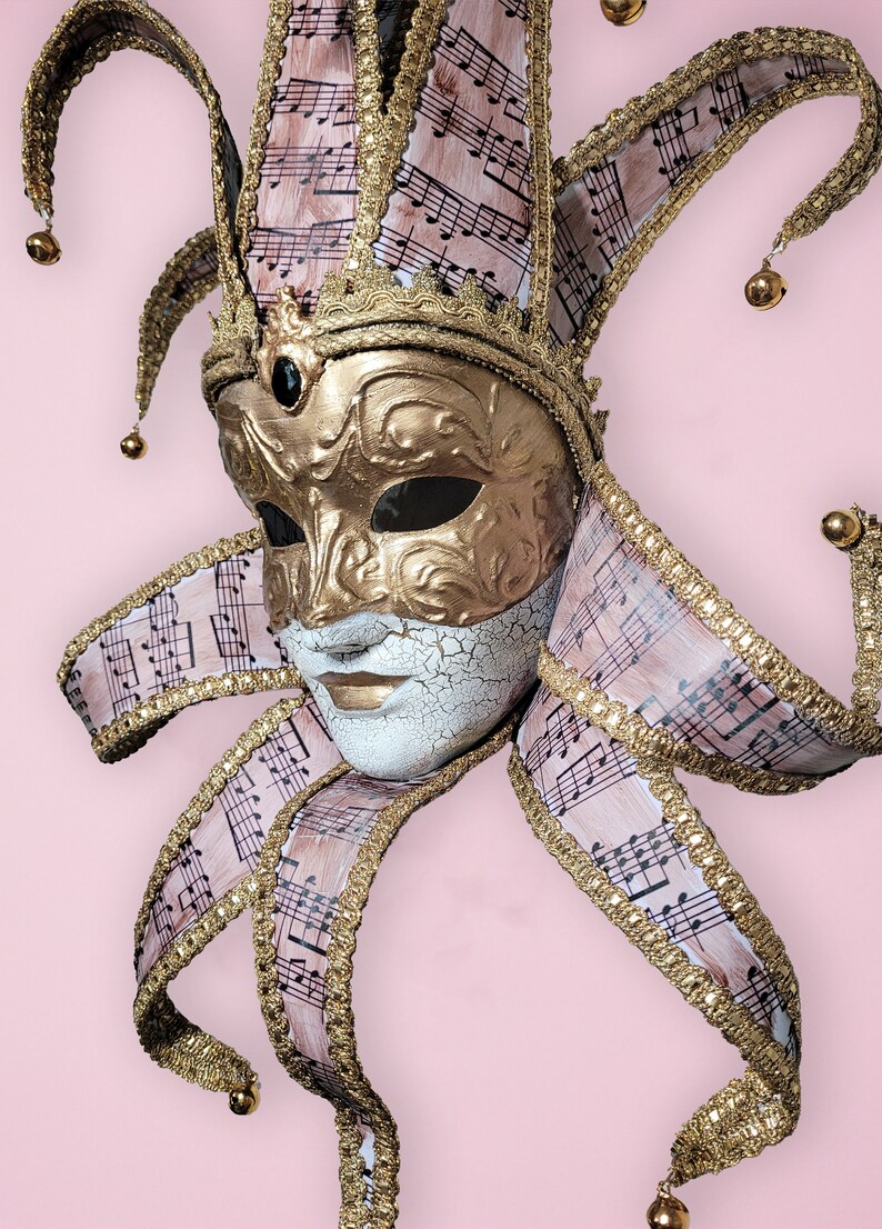 Musical Jester Mask Gold Full Face With Pink Music Motifs Venetian Sun ...