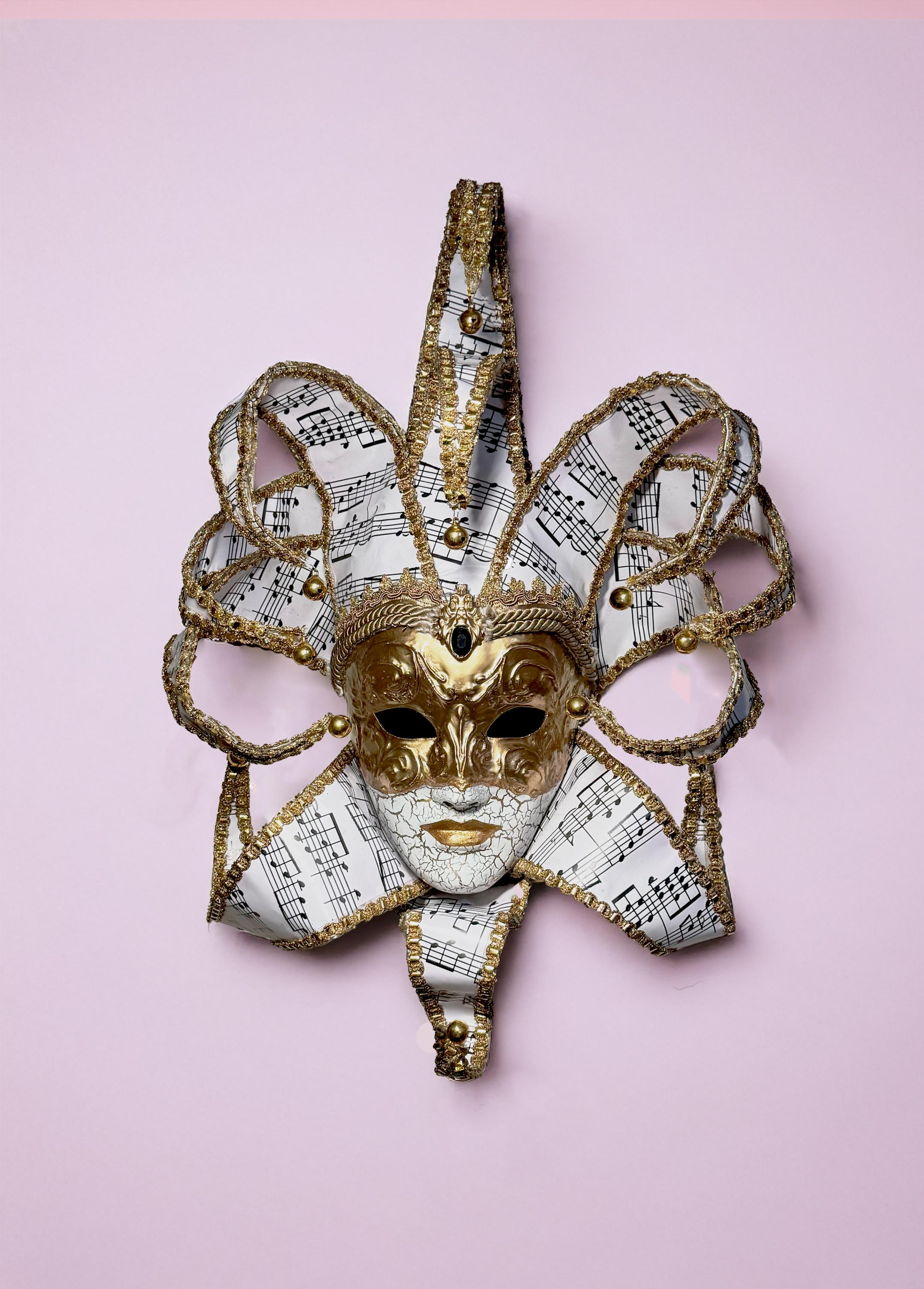 Musical Jester Mask - Gold Full Face With Pink Music Motifs - Venetian ...