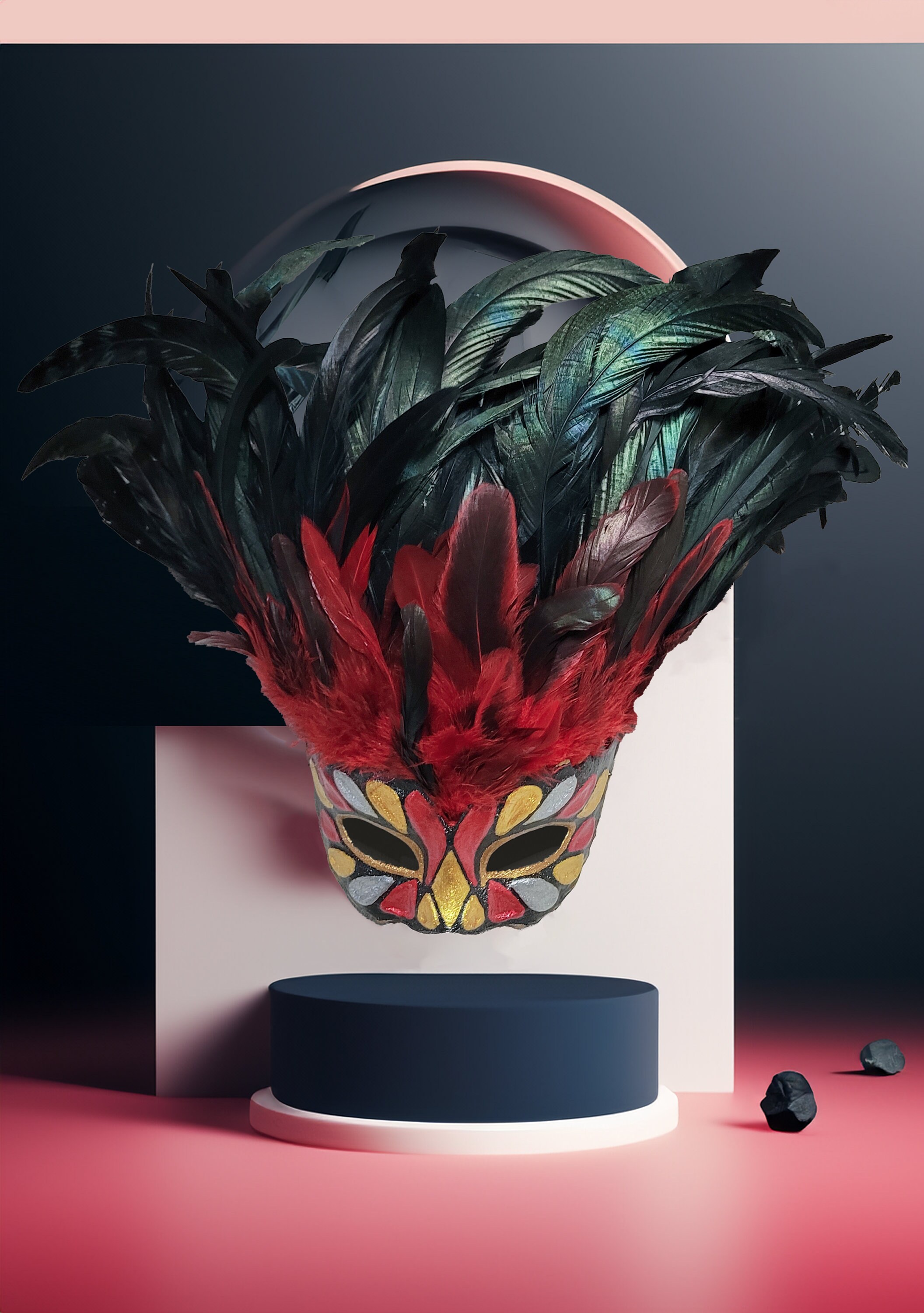 Incas Inspired Venetian Mask Luxurious Red & Black Feathers With Gold ...