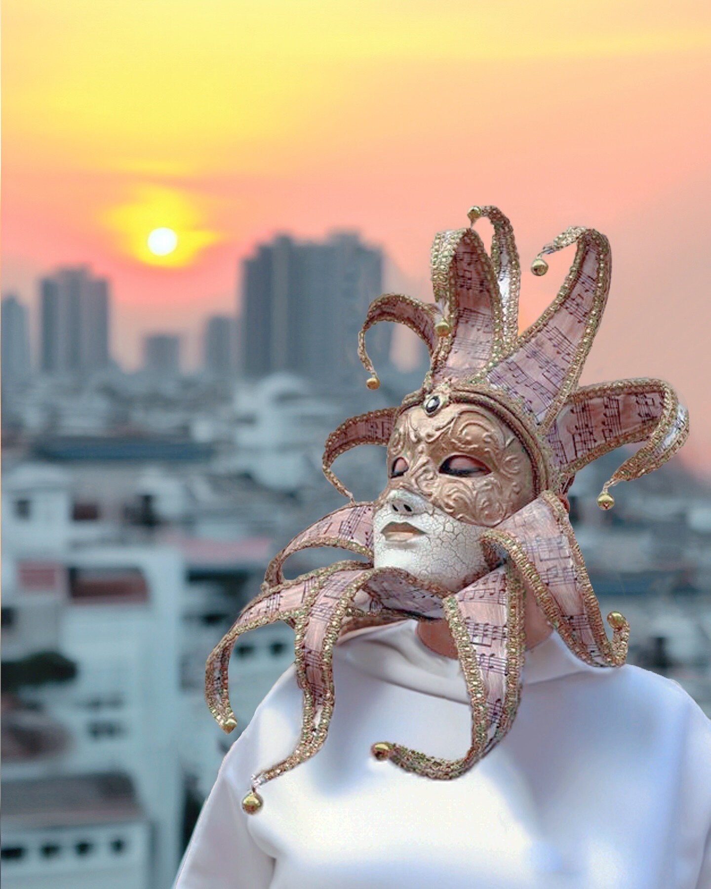 Musical Jester Mask - Gold Full Face With Pink Music Motifs - Venetian ...