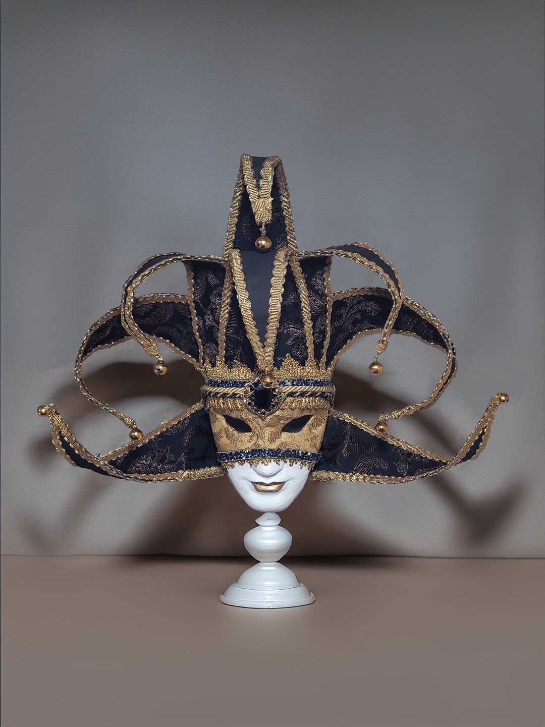 Black and Gold Luxury Jester Mask Venetian Mask Luxurious Fabric Mask ...