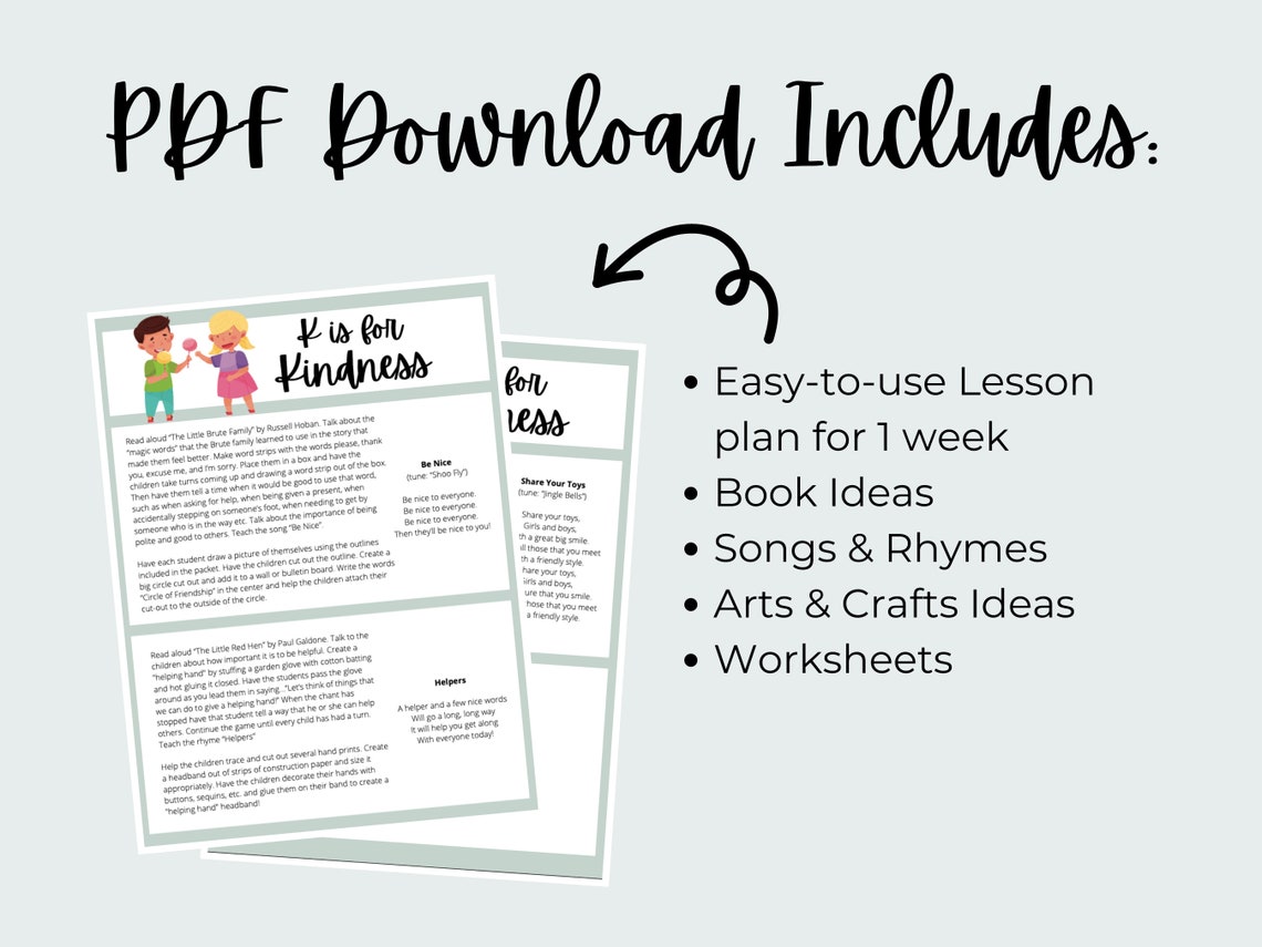 Kindness Theme Preschool Curriculum Printable | Homeschool Lesson Plan ...