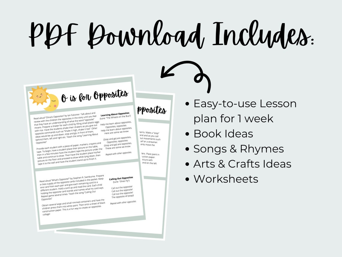 Opposites Theme Preschool Curriculum Printable | Homeschool Lesson Plan ...