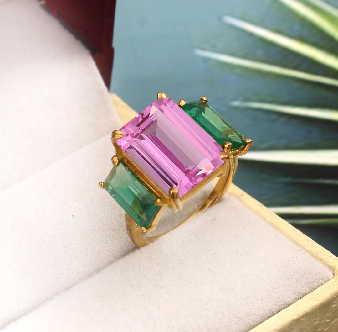 Pink Sapphire & Emerald Ring: Radiant Cut Sterling Silver - Etsy