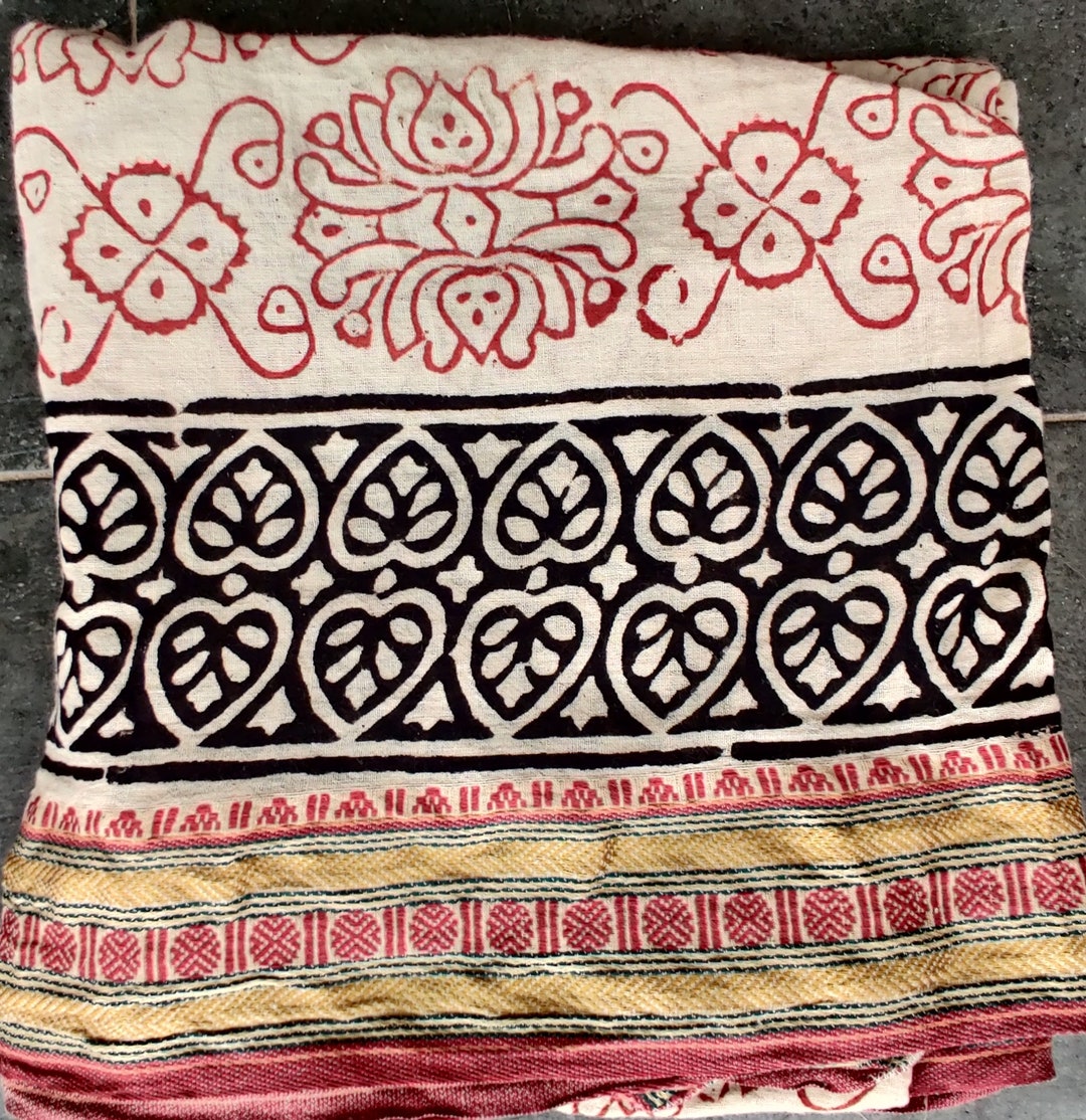 Red Indian Hand Block Print Silk Zari Border Beach Wear Sarong, Zari ...