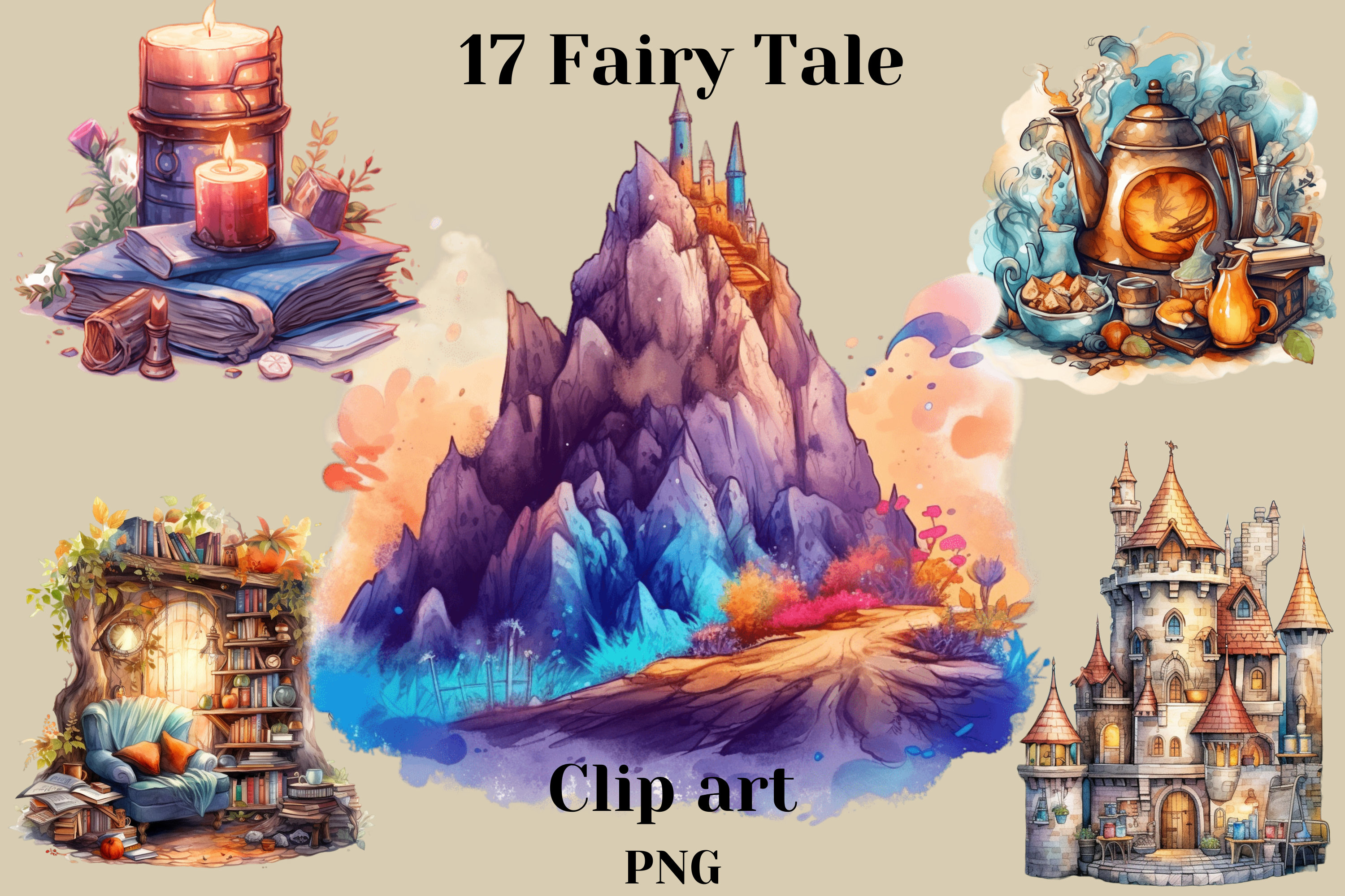 Watercolor Fairy Tale Clipart Bundle, Fantasy House, Castle, Forest ...