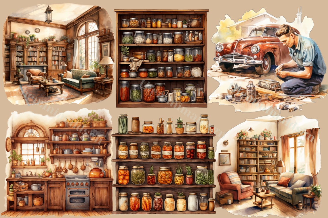 Brown Watercolor Home Clipart Bundle House Girl Interior - Etsy