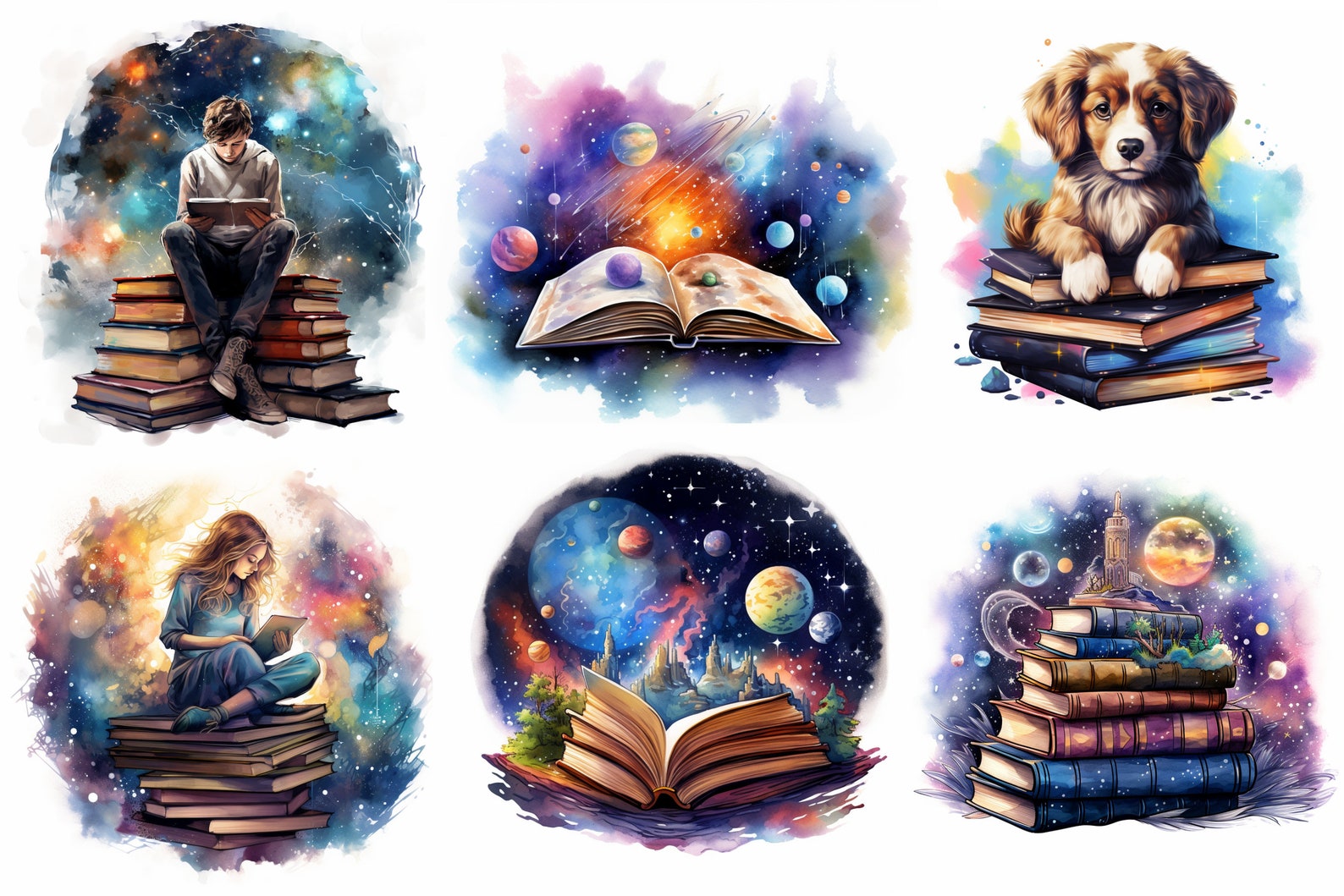 Galaxy Watercolor Books Clipart Bundle Book Girl Galaxy - Etsy