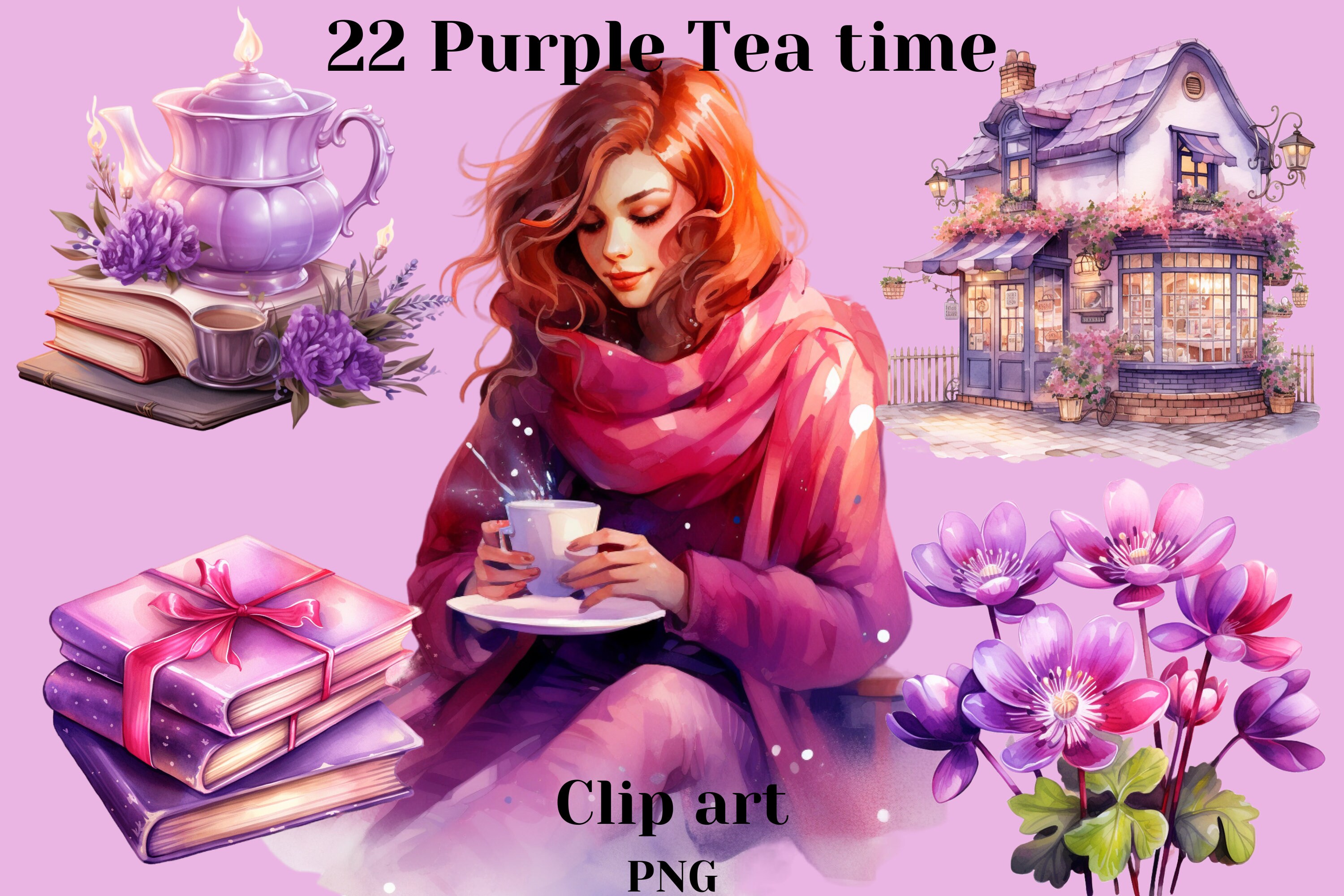 Purple Watercolor Tea Time Clipart Bundle, House, Girl, Tea, Garden ...