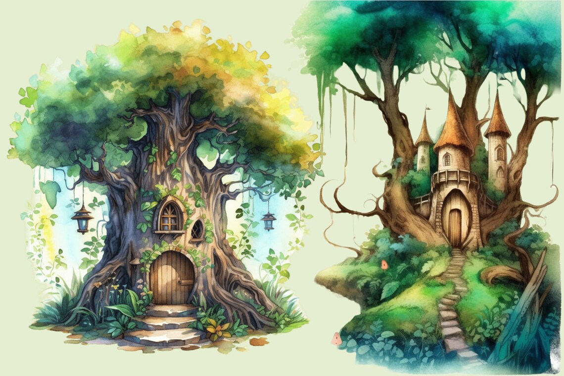 Watercolor Enchanted Trees Clipart Bundle Fantasy House - Etsy