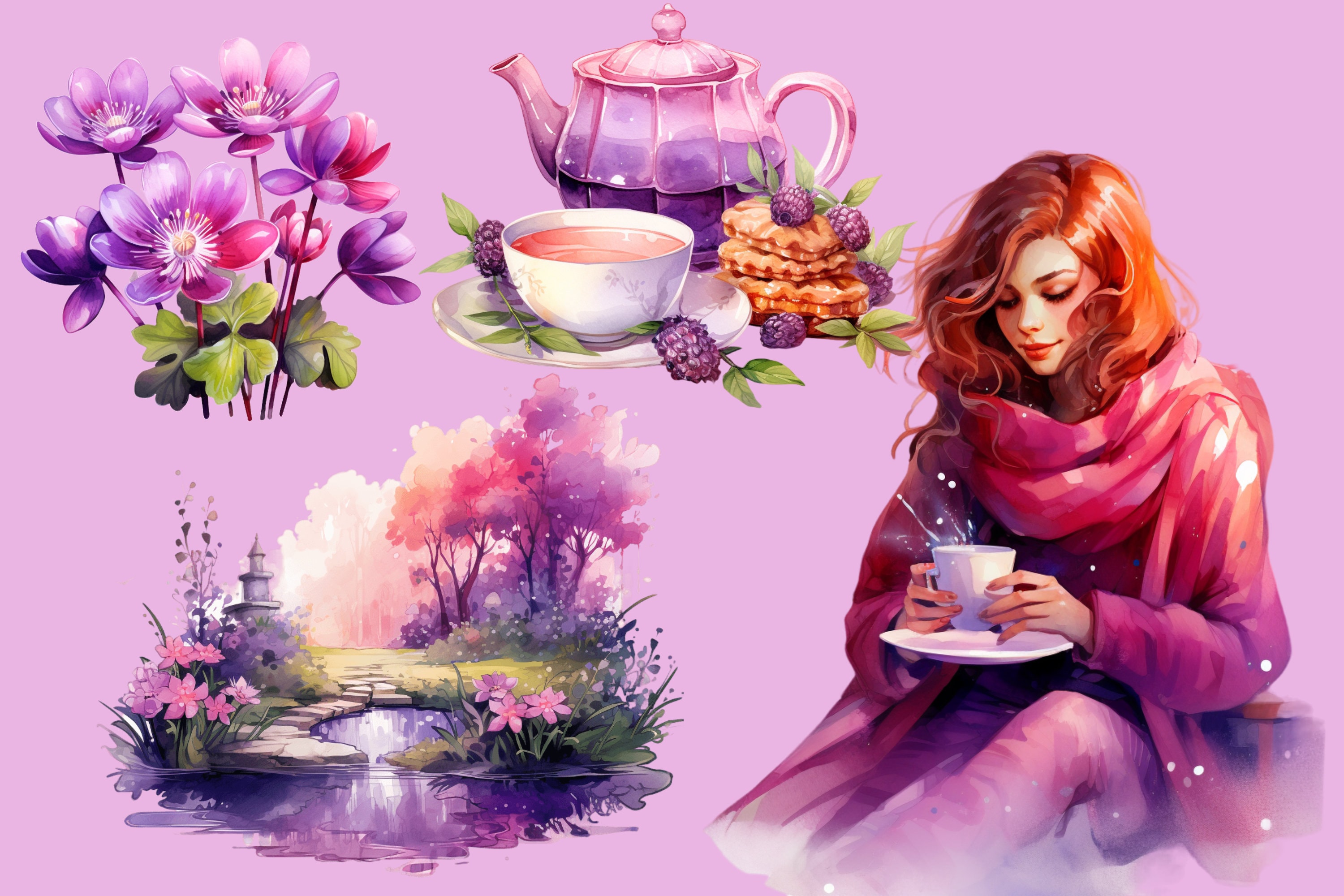 Purple Watercolor Tea Time Clipart Bundle, House, Girl, Tea, Garden ...