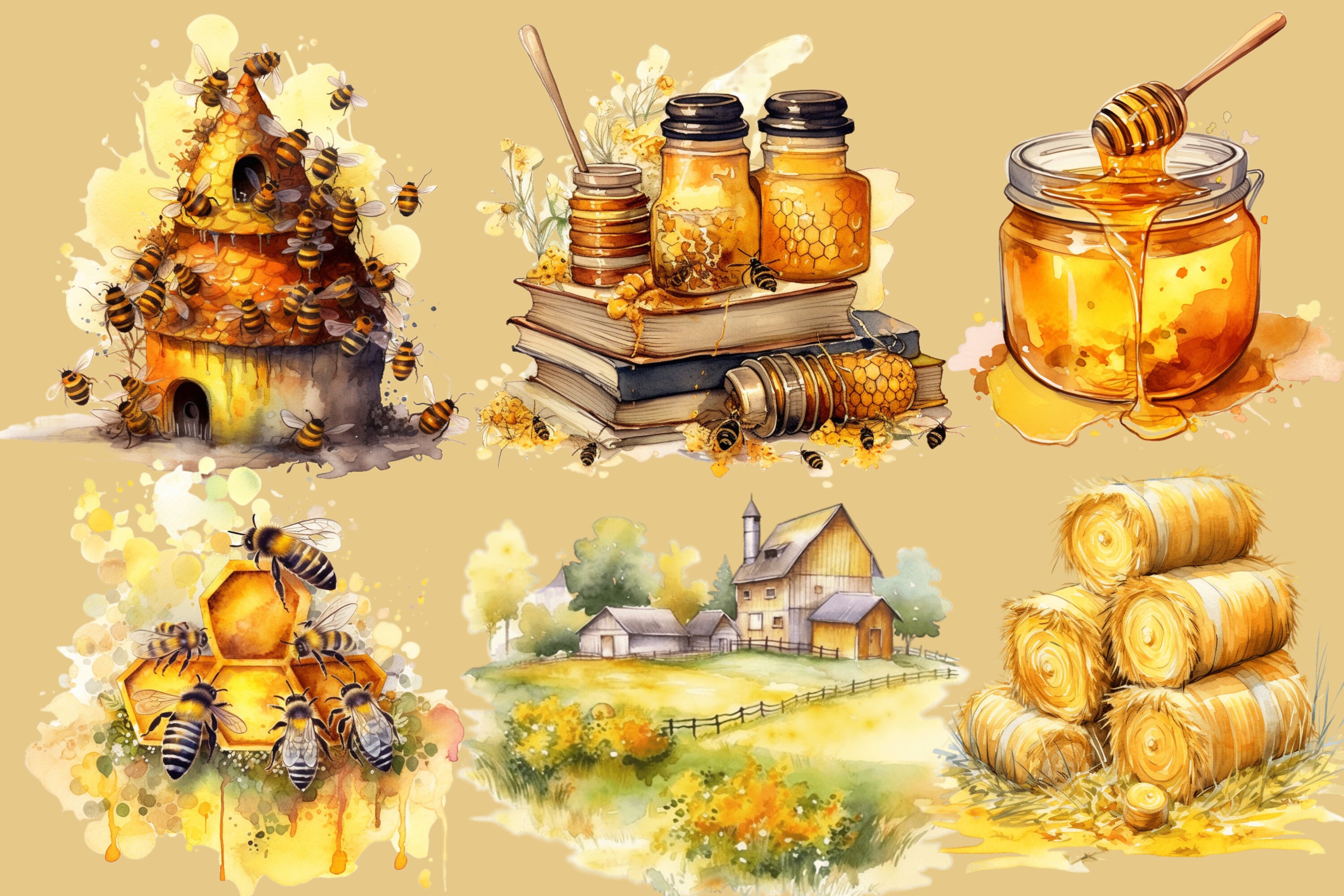 Yellow Watercolor Farm Life Clipart Bundle, Farm House, Girl, Hay, Car ...