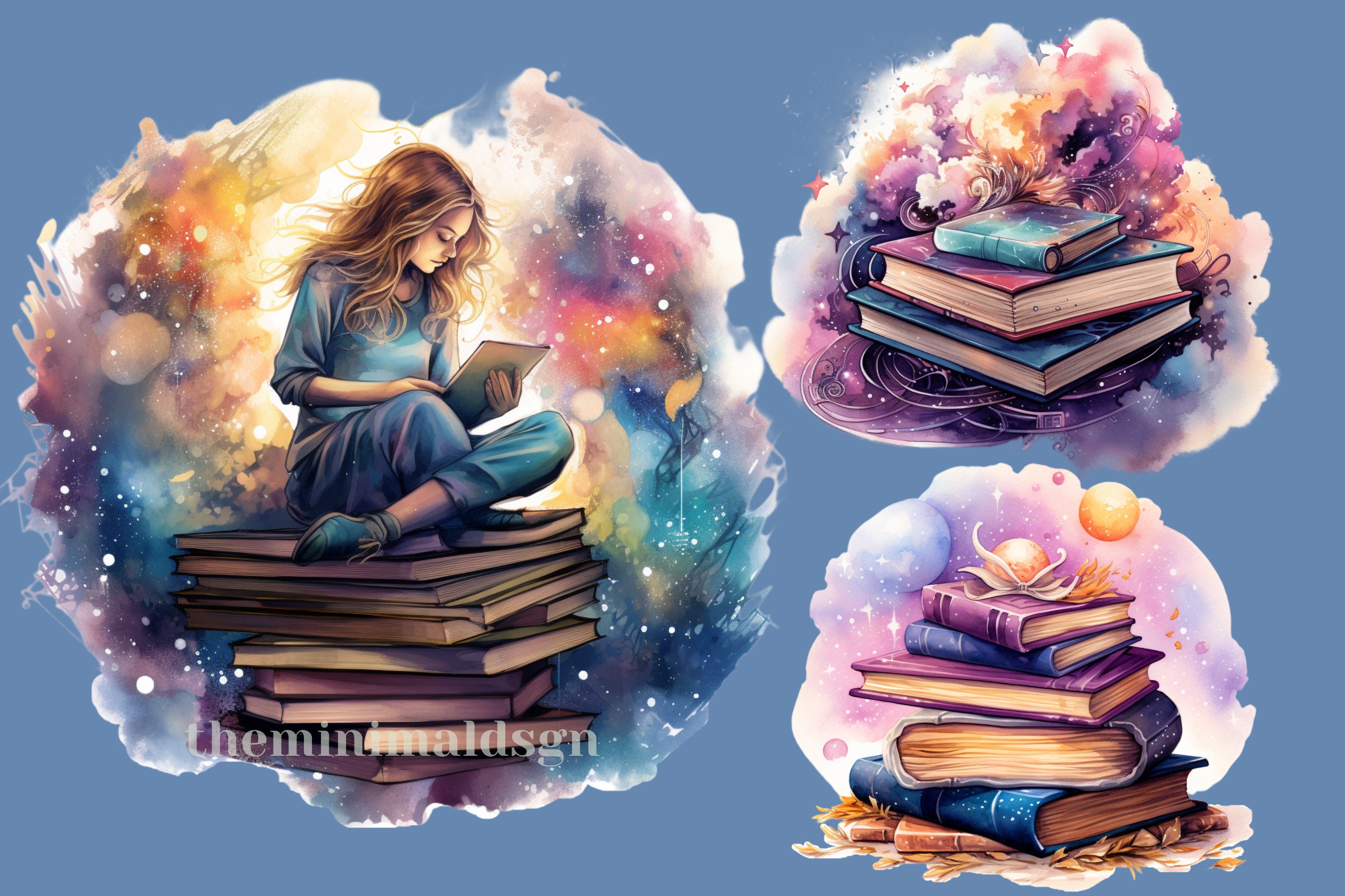 Galaxy Watercolor Books Clipart Bundle, Book, Girl, Galaxy, Space ...
