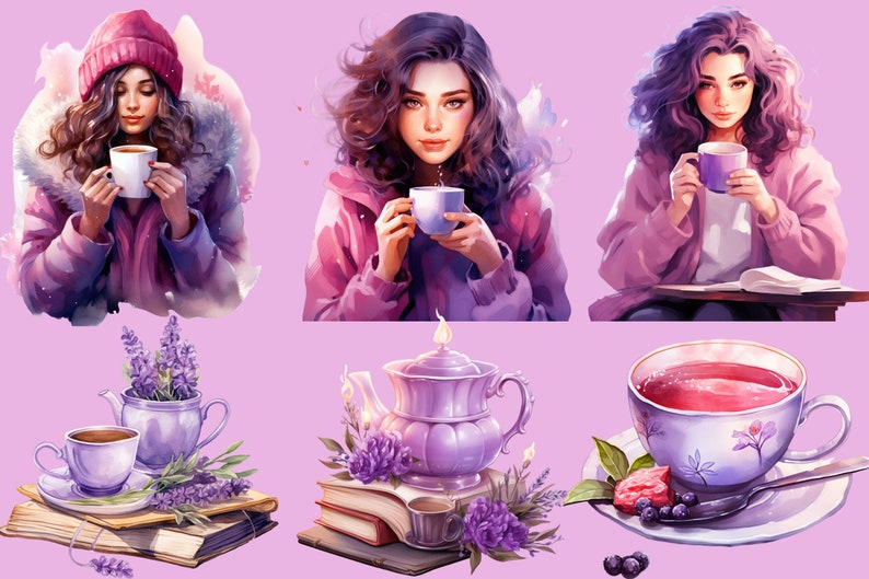 Purple Watercolor Tea Time Clipart Bundle, House, Girl, Tea, Garden ...