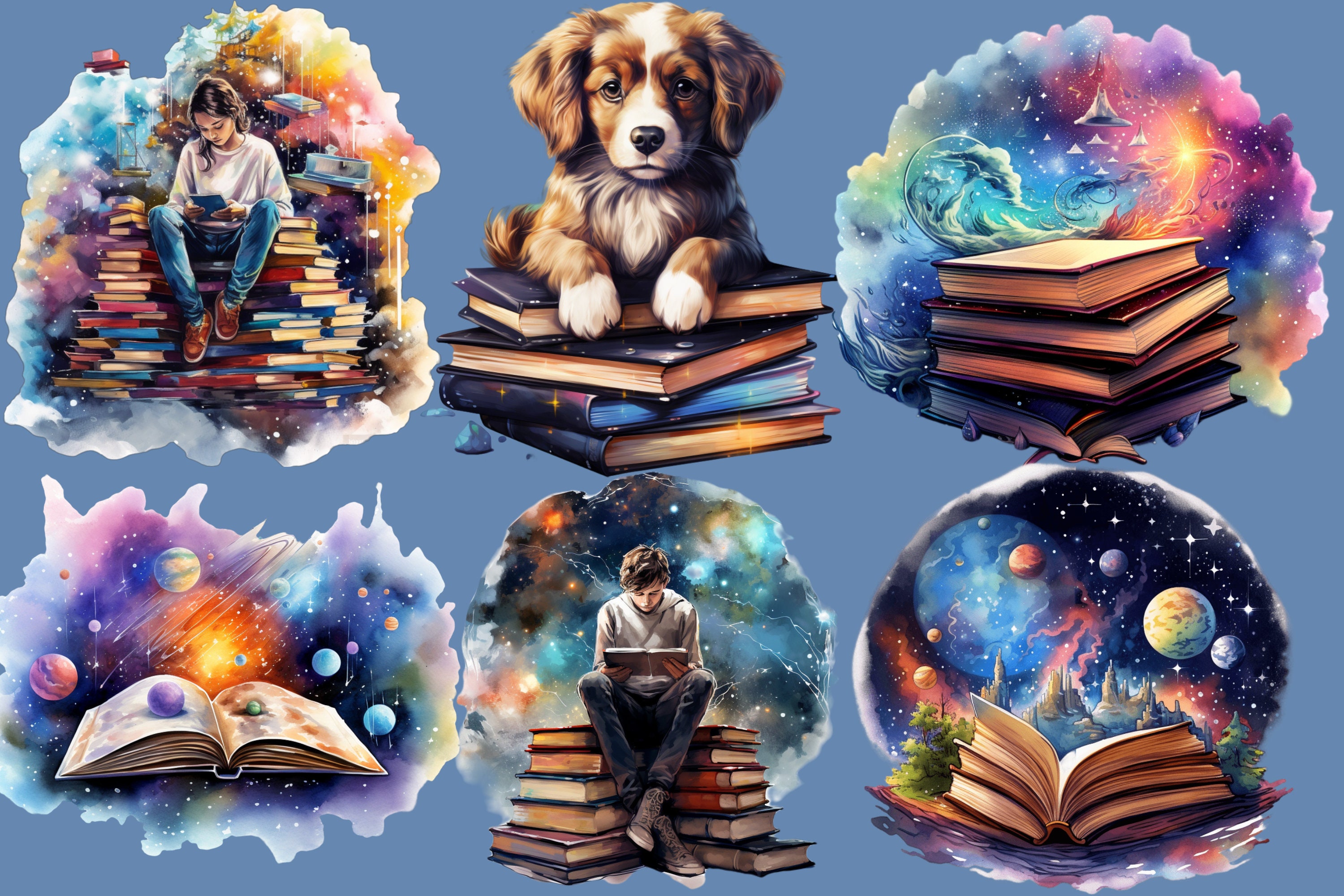 Galaxy Watercolor Books Clipart Bundle, Book, Girl, Galaxy, Space ...