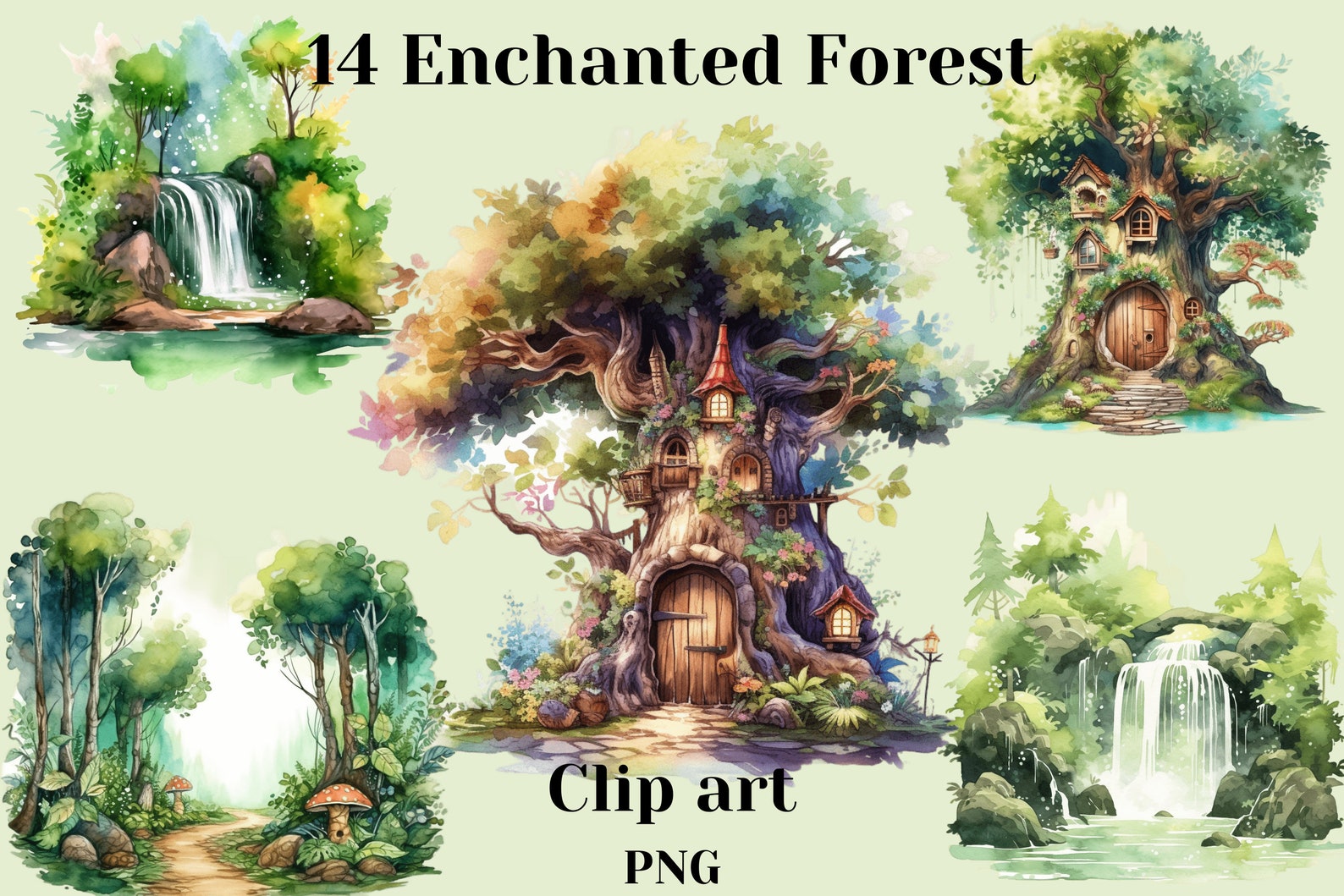 Watercolor Enchanted Forest Clipart Bundle, Fantasy House, Bridge ...
