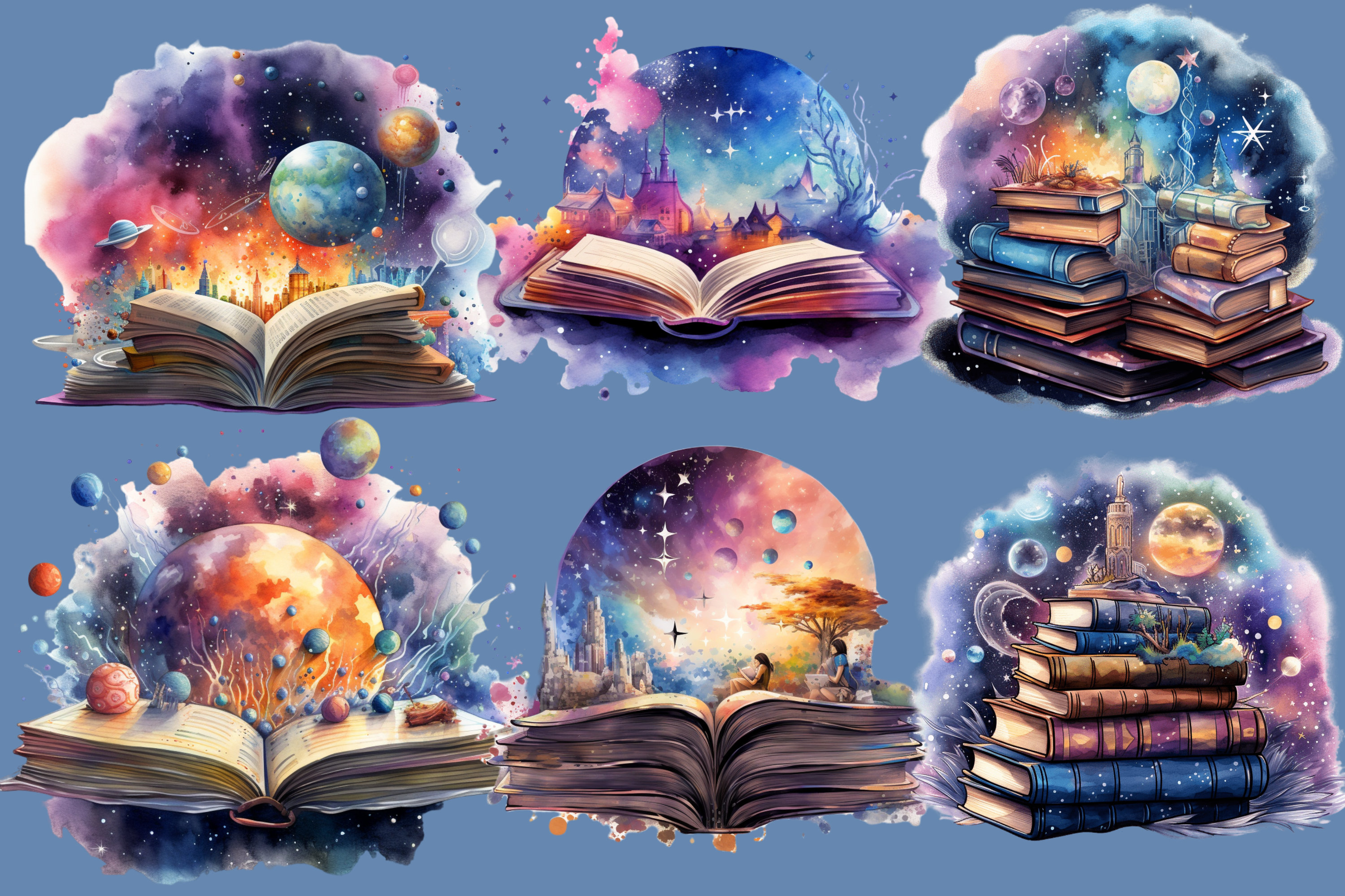 Galaxy Watercolor Books Clipart Bundle, Book, Girl, Galaxy, Space ...
