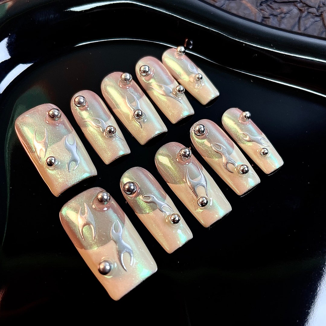 Gold Bead Press on Nails L Gel Glue on Nails L Y2k Nails Press on L ...
