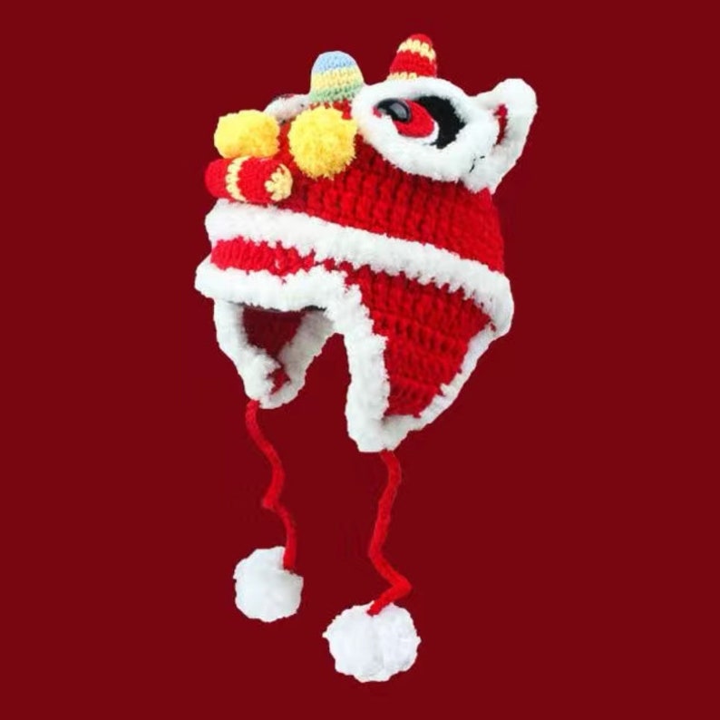 Handmade Crochet Cute CNY Lion Head Dance Beanie Hat Chinese New Year ...
